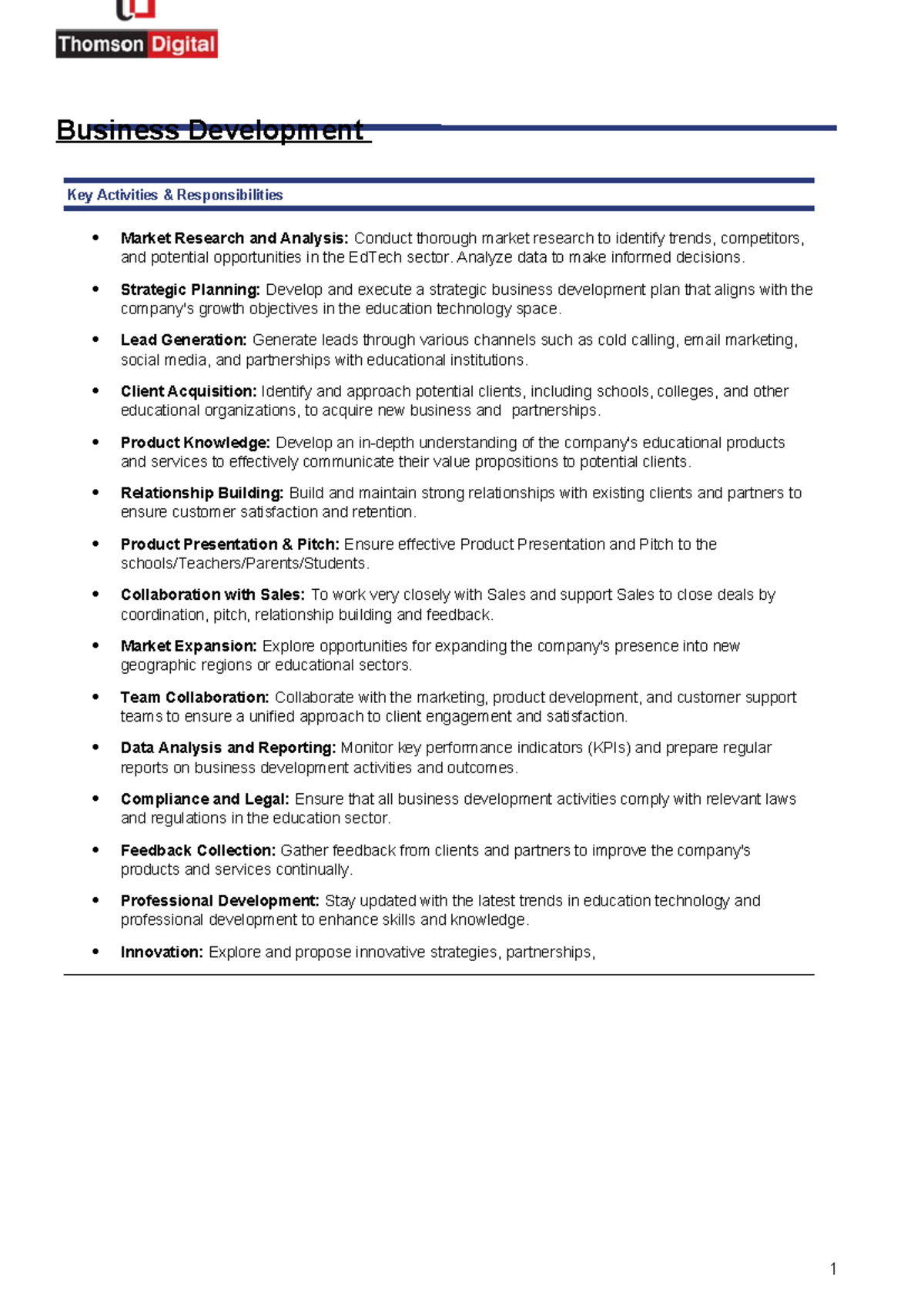 JD Business Development Fresher - 1 Business Development Key Activities ...