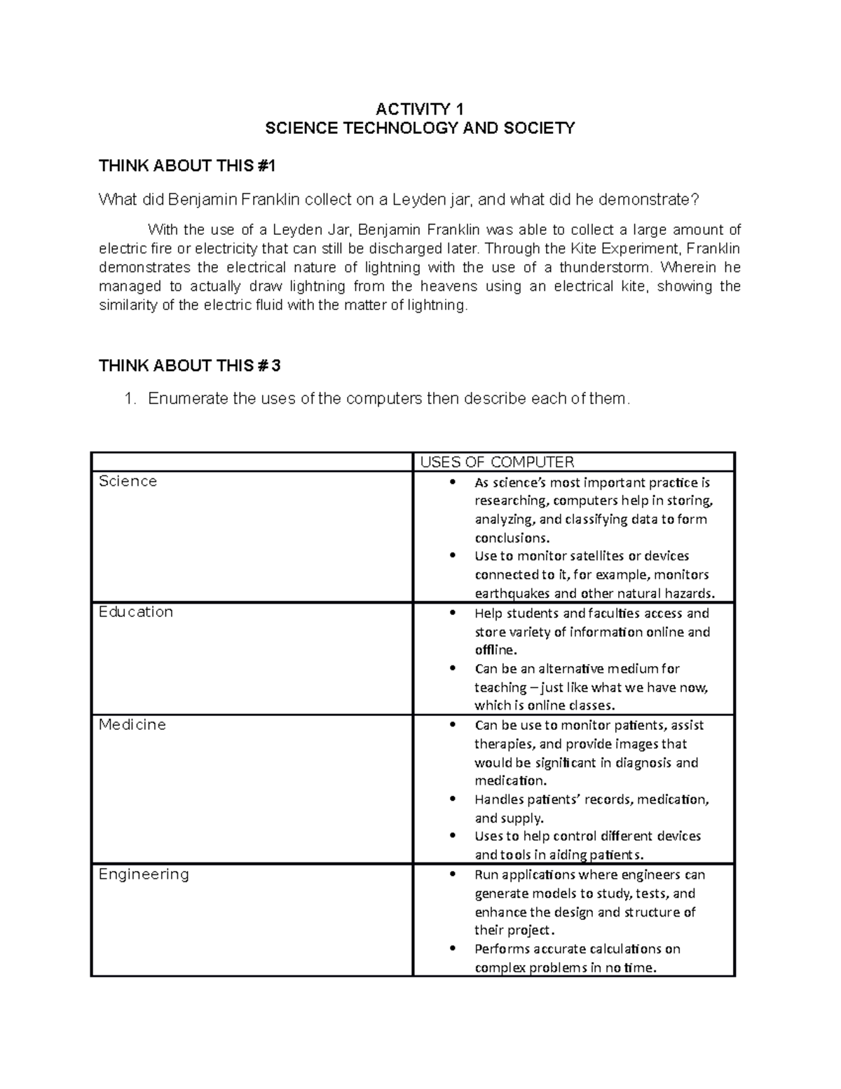 STS Activity 1 - ACTIVITY 1 SCIENCE TECHNOLOGY AND SOCIETY THINK ABOUT ...
