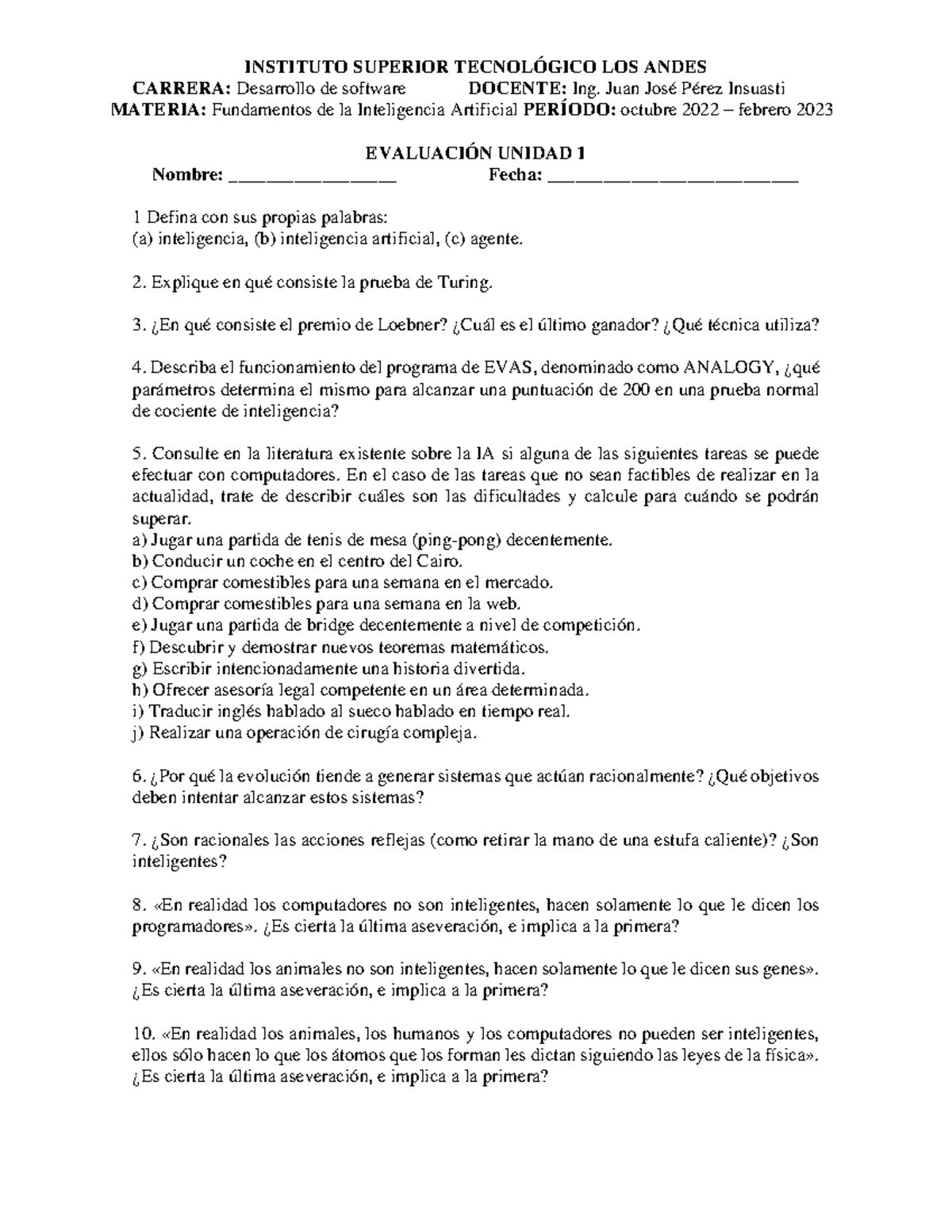 Unidad I V1 Test - asd - INSTITUTO SUPERIOR TECNOLÓGICO LOS ANDES ...