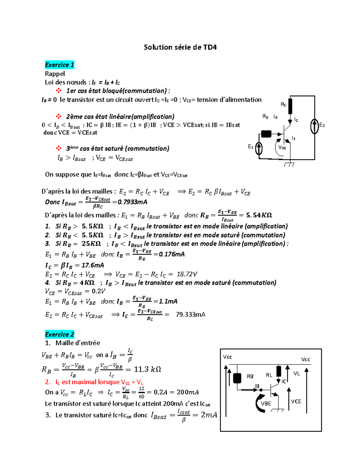 Solution TD4-2023 - Cours de génie électrique de l'université de Béjaïa - Solution série de TD ...