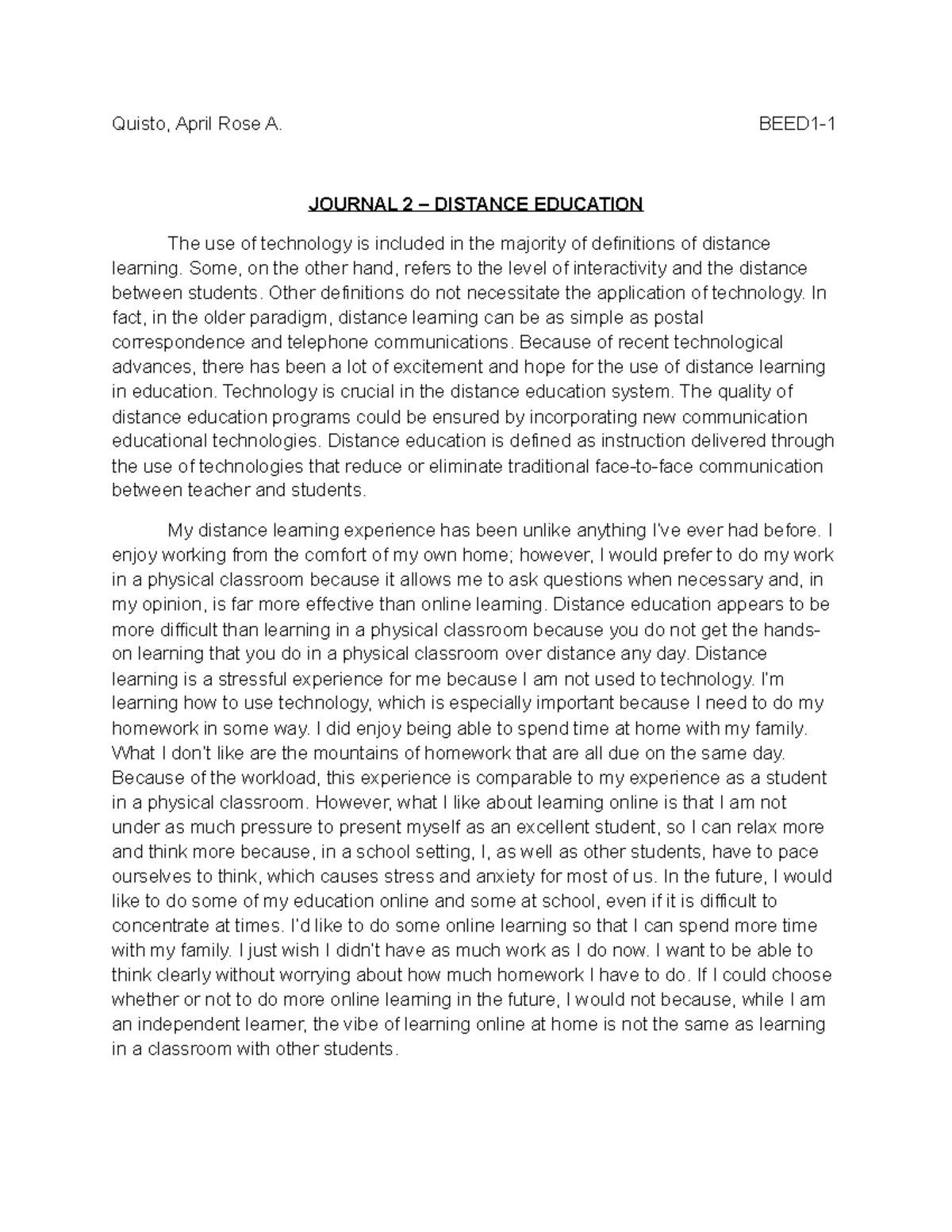 Journal 2-EDUC4 - Quisto, April Rose A. BEED1- JOURNAL 2 – DISTANCE ...