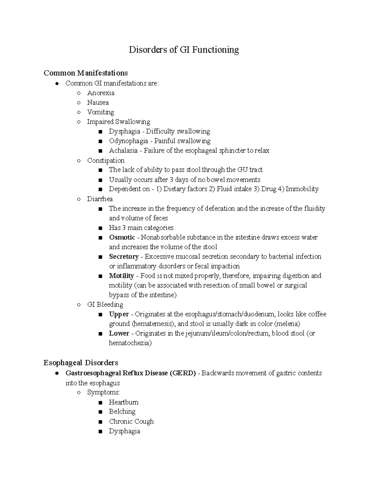 Disorders of GI Functioning - Disorders of GI Functioning Common ...