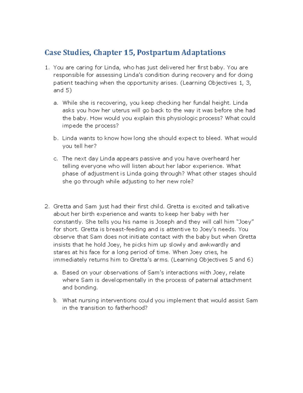 Chapter 15 Case Study - n/a - Case Studies, Chapter 15, Postpartum ...