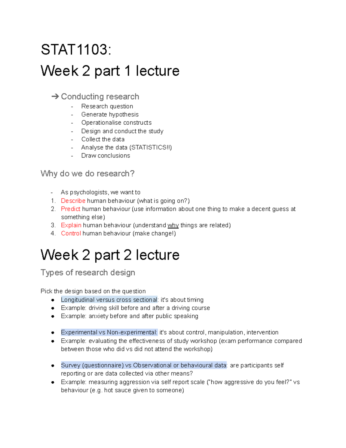 STAT1103 Lectures Week 2-8 - STAT1103: Week 2 part 1 lecture Conducting research - Research ...