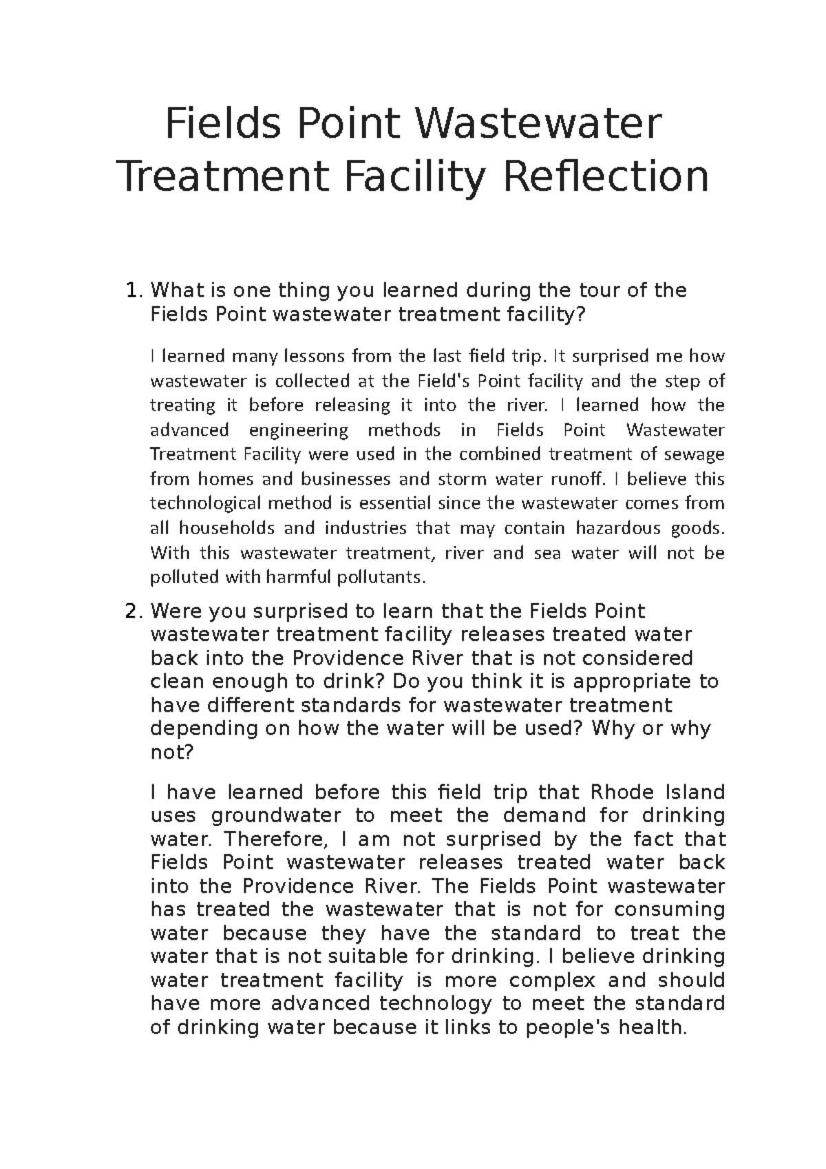 Fields Point Wastewater Treatment Facility Reflection - It surprised me ...