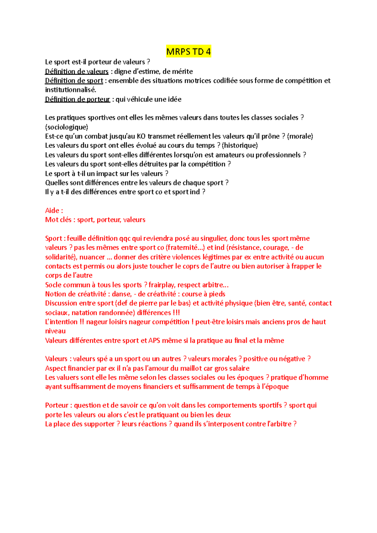 MRPS TD 4 - cours staps - MRPS TD 4 Le sport est-il porteur de valeurs ...