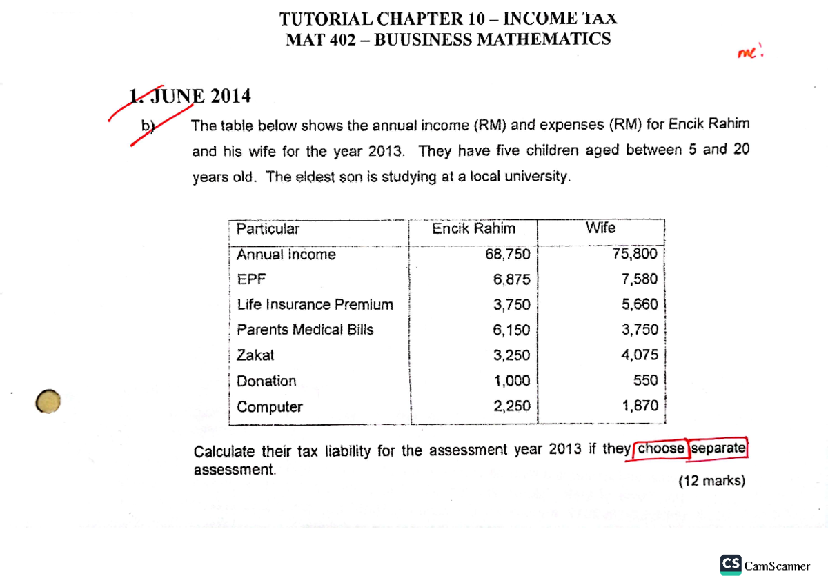 Tutorial 10 income tax - Business Mathematic - CamScanner - Studocu