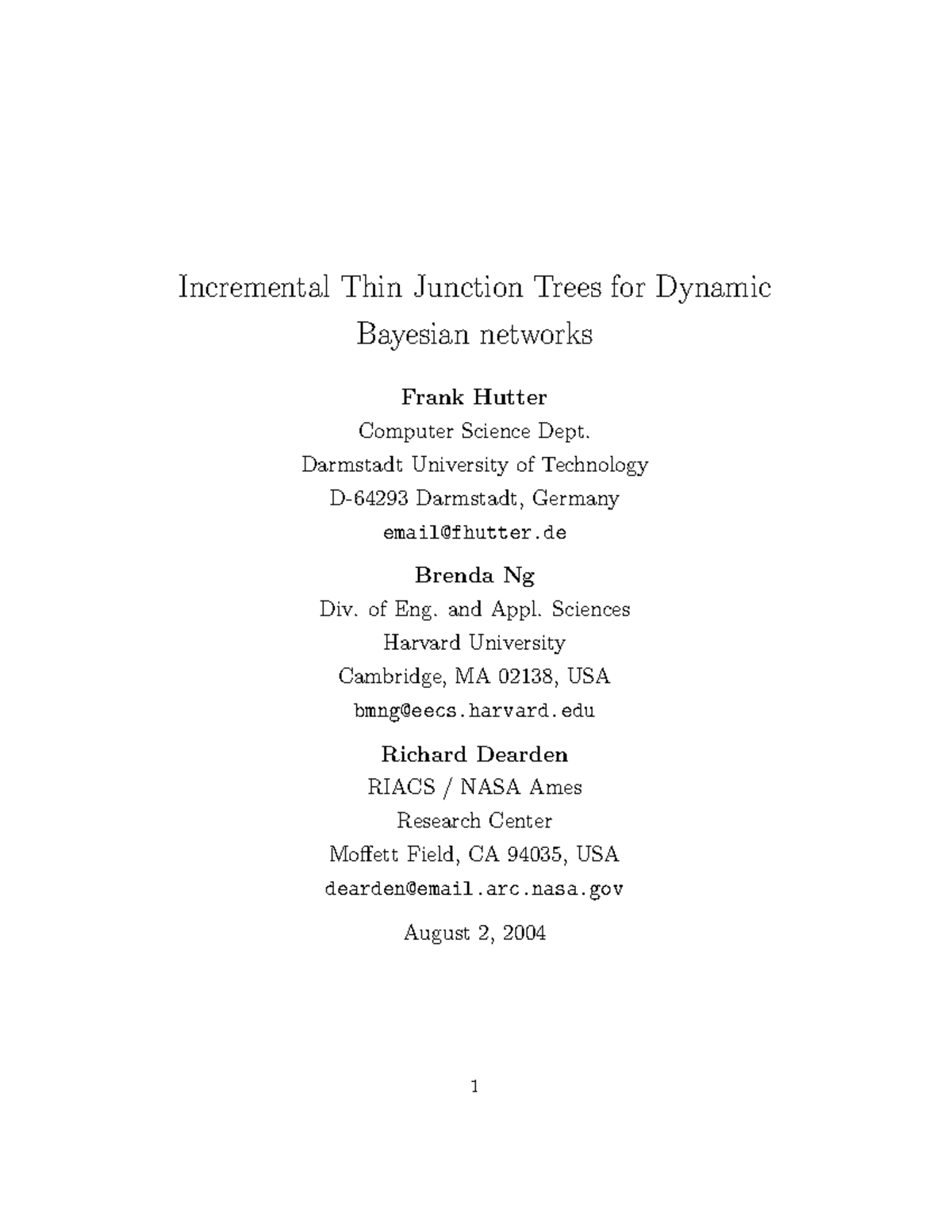 Incremental Thin Junction Trees for Dynamic Bayesian networks - Incremental Thin Junction Trees ...