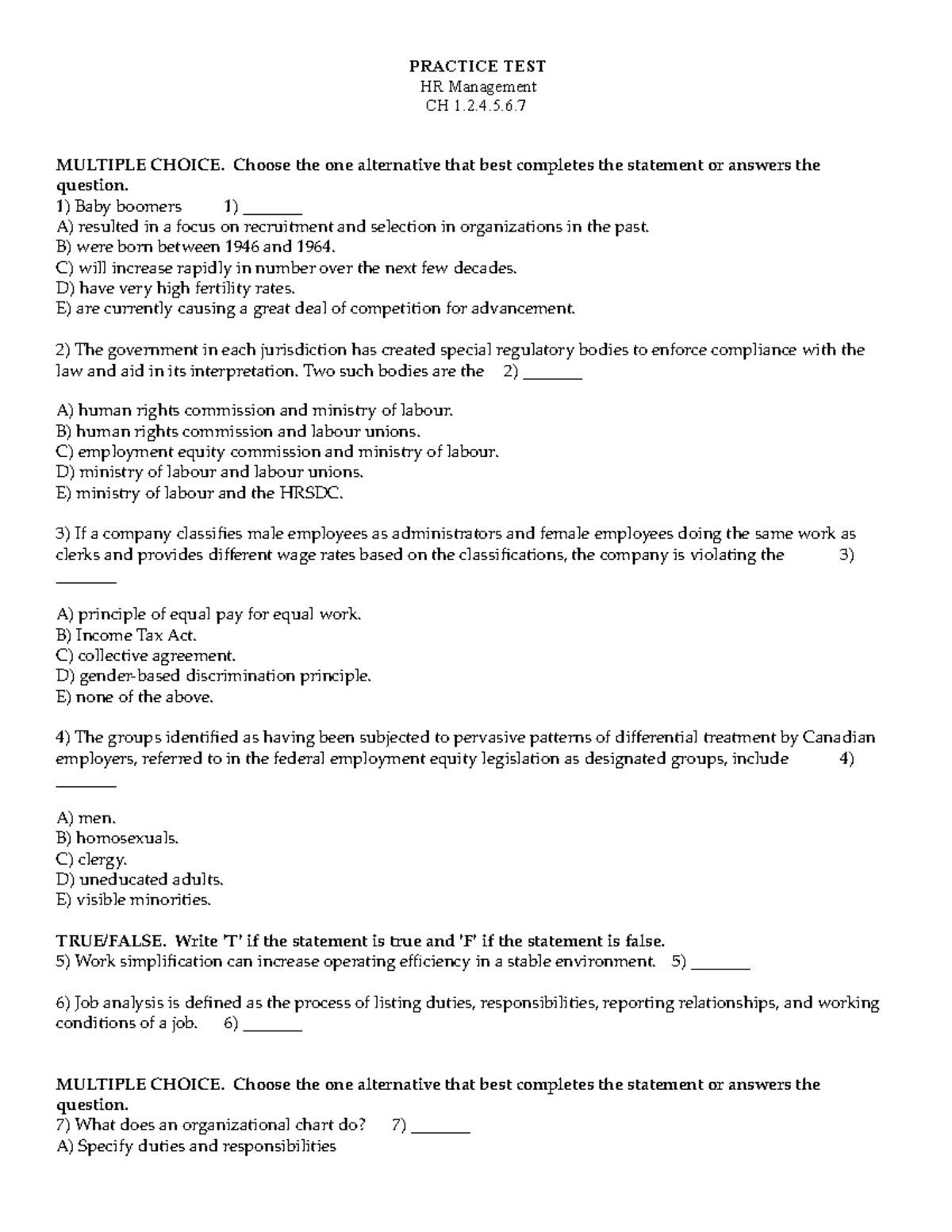 HR Management Practice Test - PRACTICE TEST HR Management CH 1.2.4.5 ...