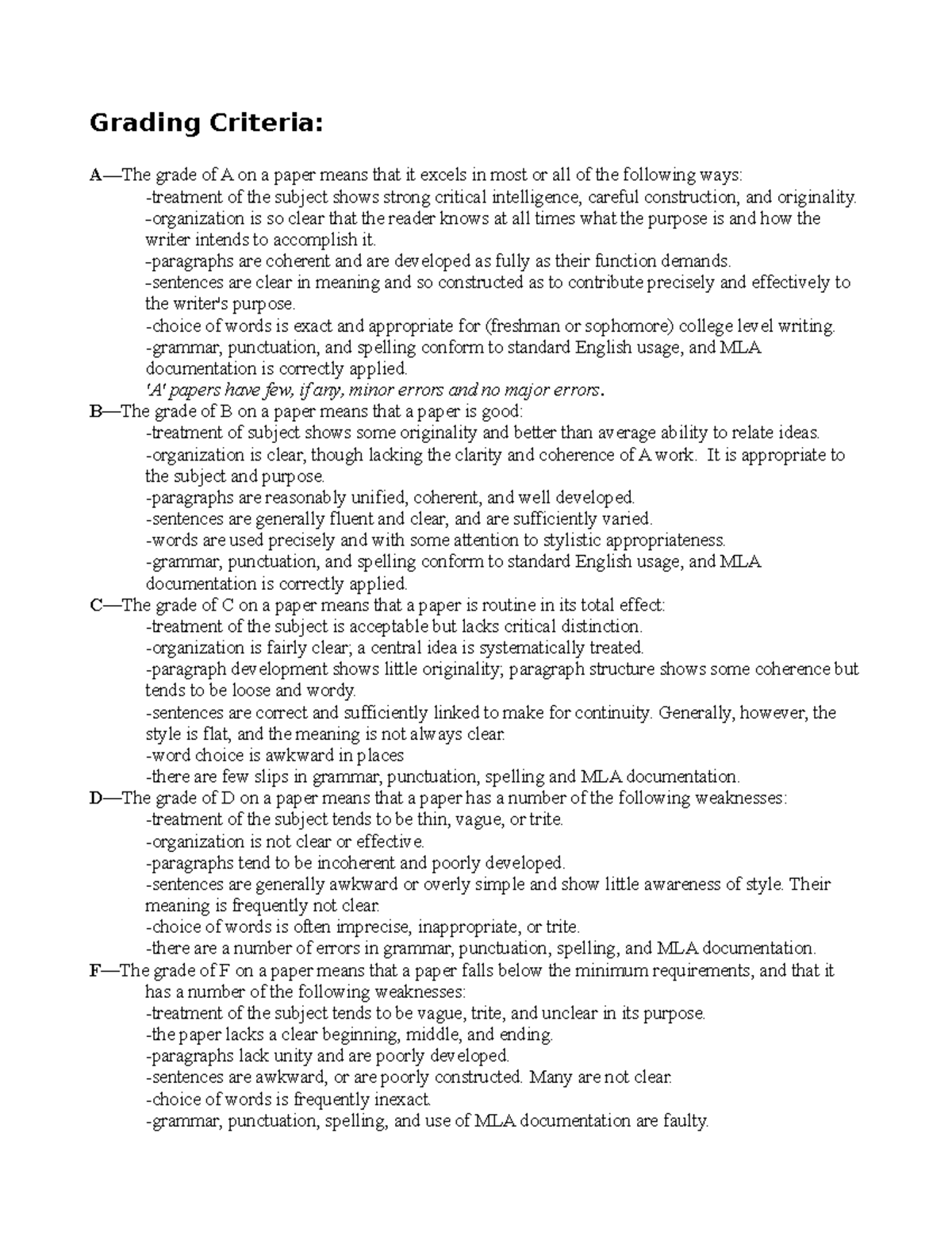 Grading criteria-all courses-1 - Grading Criteria: grade of A on a ...