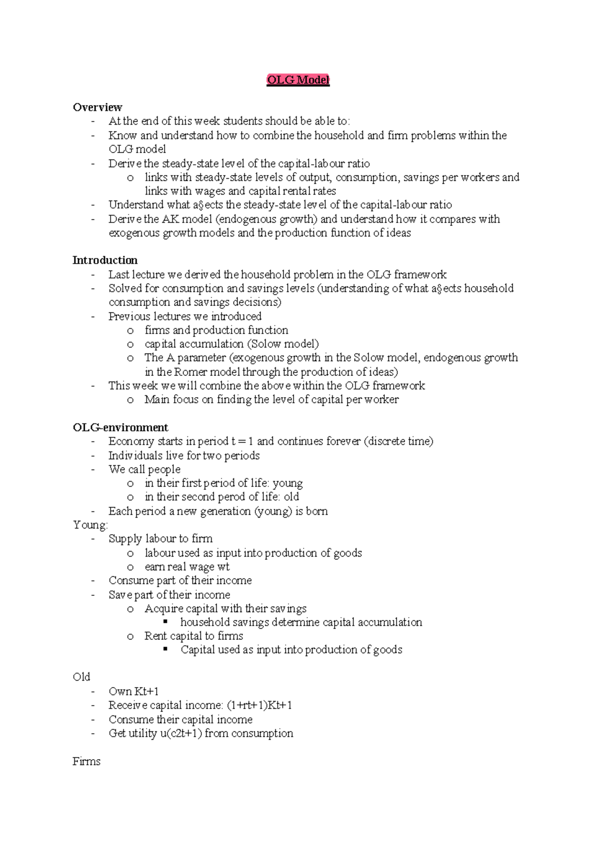 OLG Model and AK model - Lecturer: Dr Judith Delaney - OLG Model ...