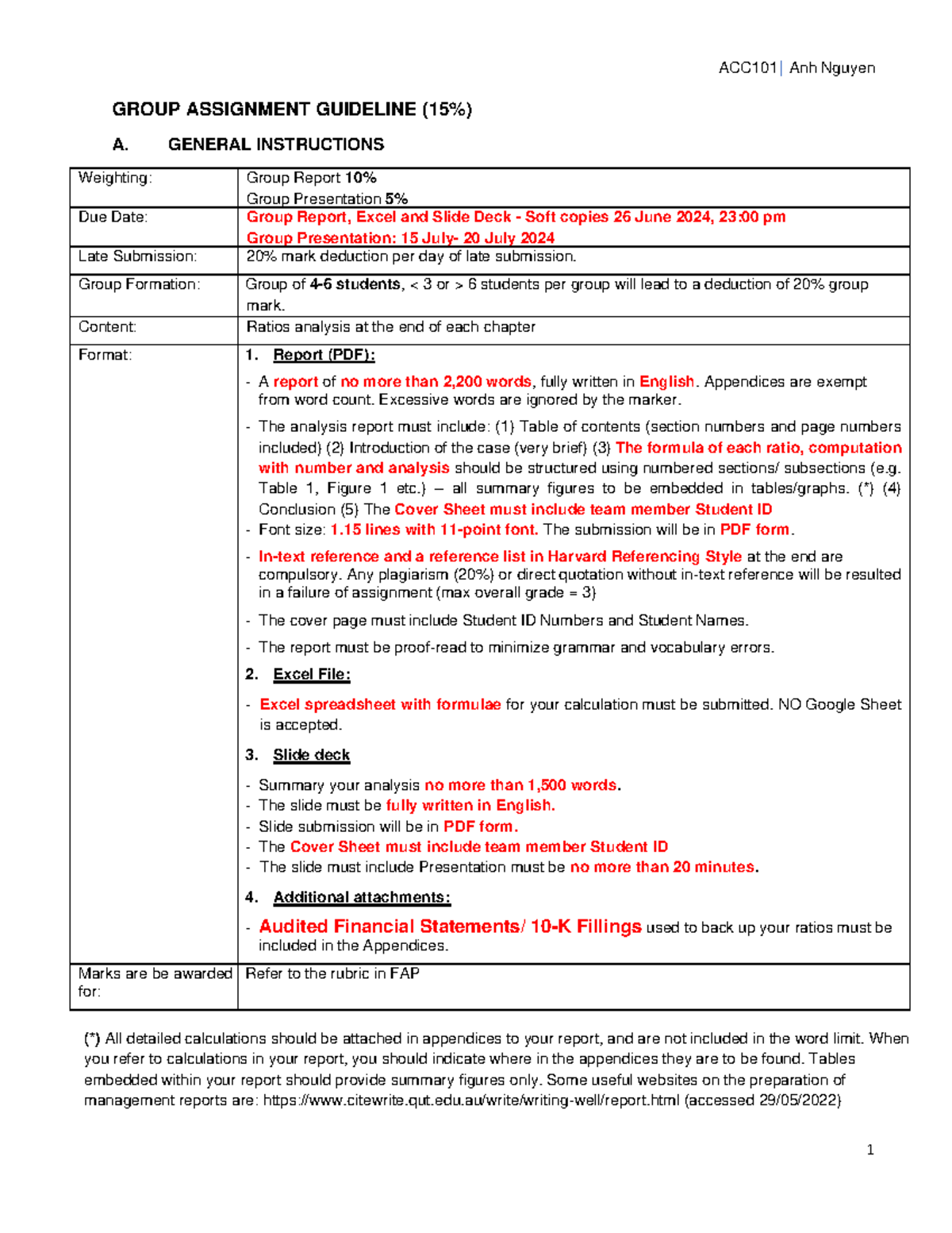SU24 ACC101 GA Guideline - ACC101| Anh Nguyen 1 GROUP ASSIGNMENT GUIDELINE ( 15 %) A. GENERAL ...