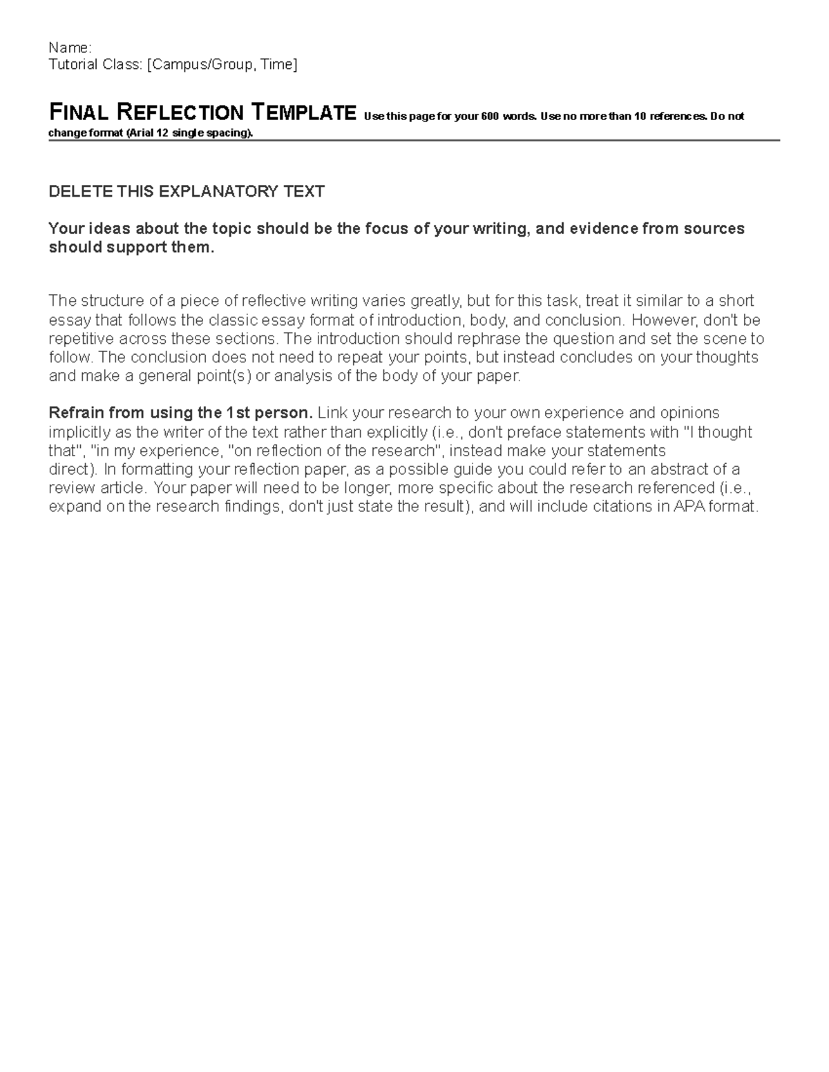 Final Reflection template [complete and submit via turnitin] - Name ...