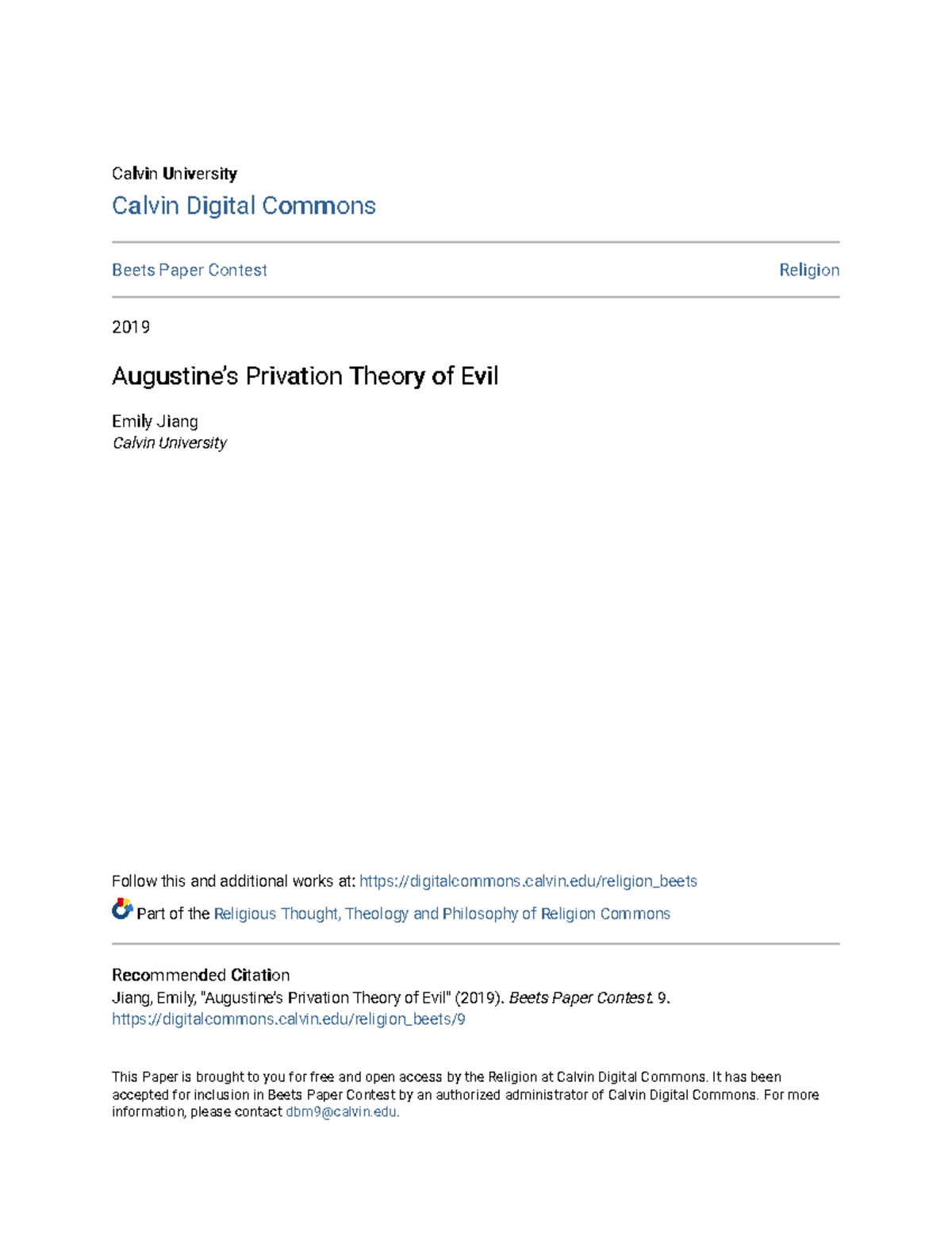 Augustine s Privation Theory of Evil - Calvin UniversityCalvin ...