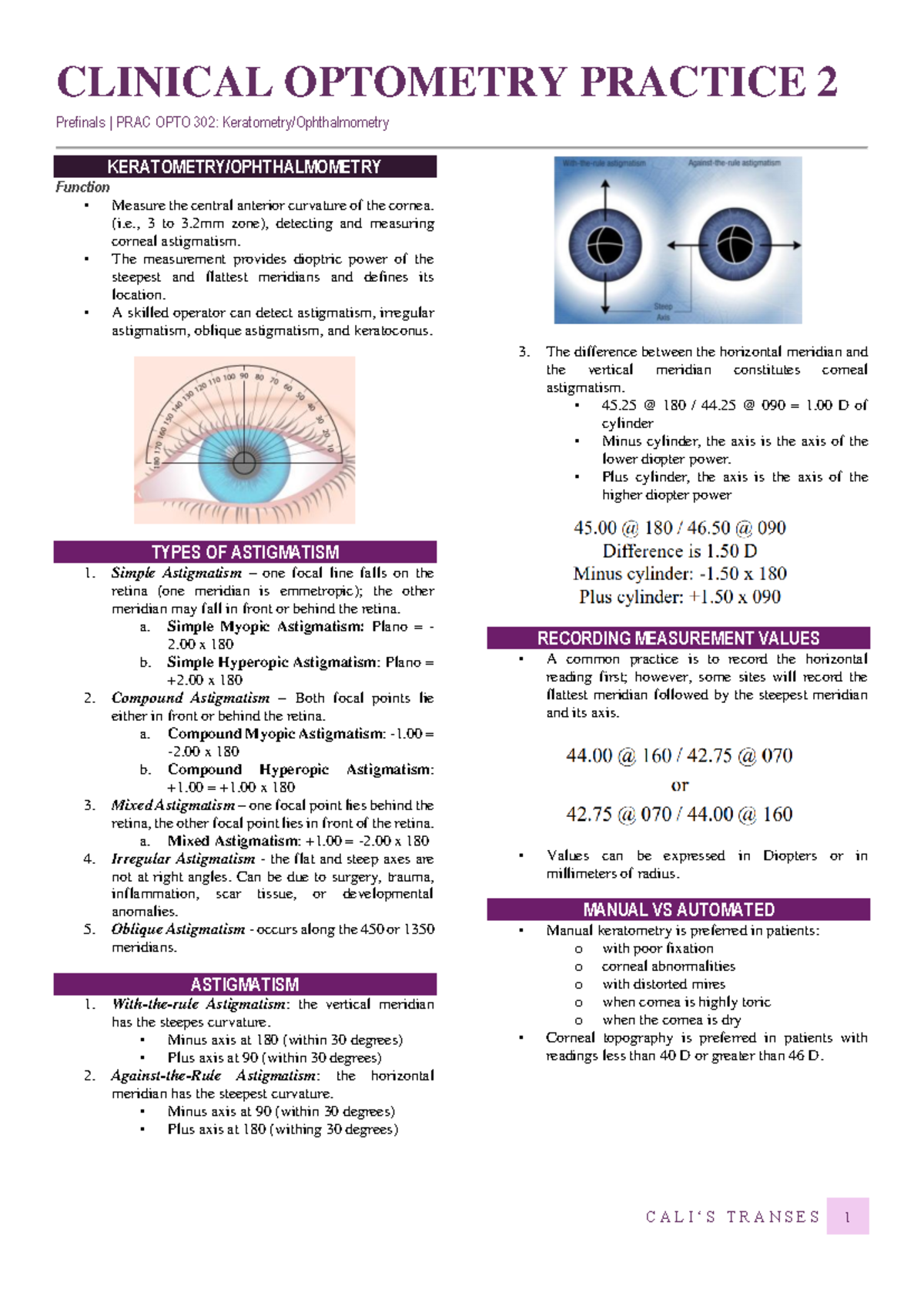 PRAC-OPTO-302-Keratometer-2.0 - CLINICAL OPTOMETRY PRACTICE 2 Prefinals ...