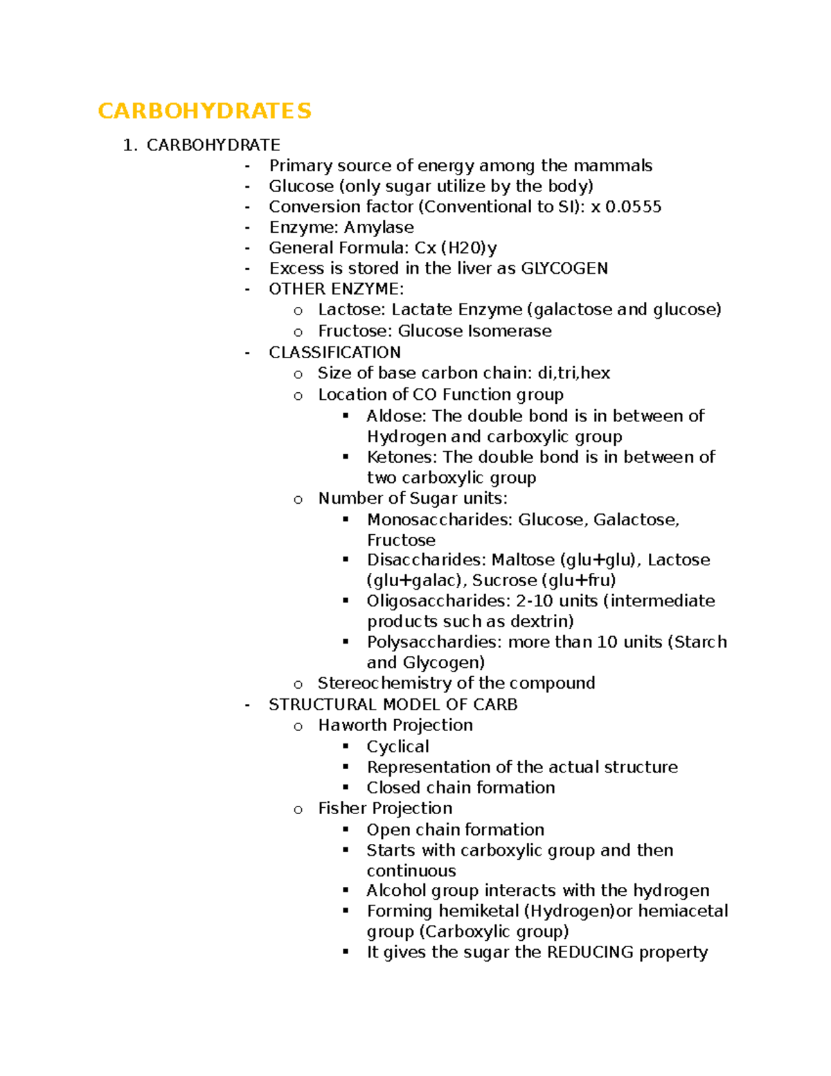Carbohydrates - Lecture notes 1 - CARBOHYDRATES 1. CARBOHYDRATE Primary ...