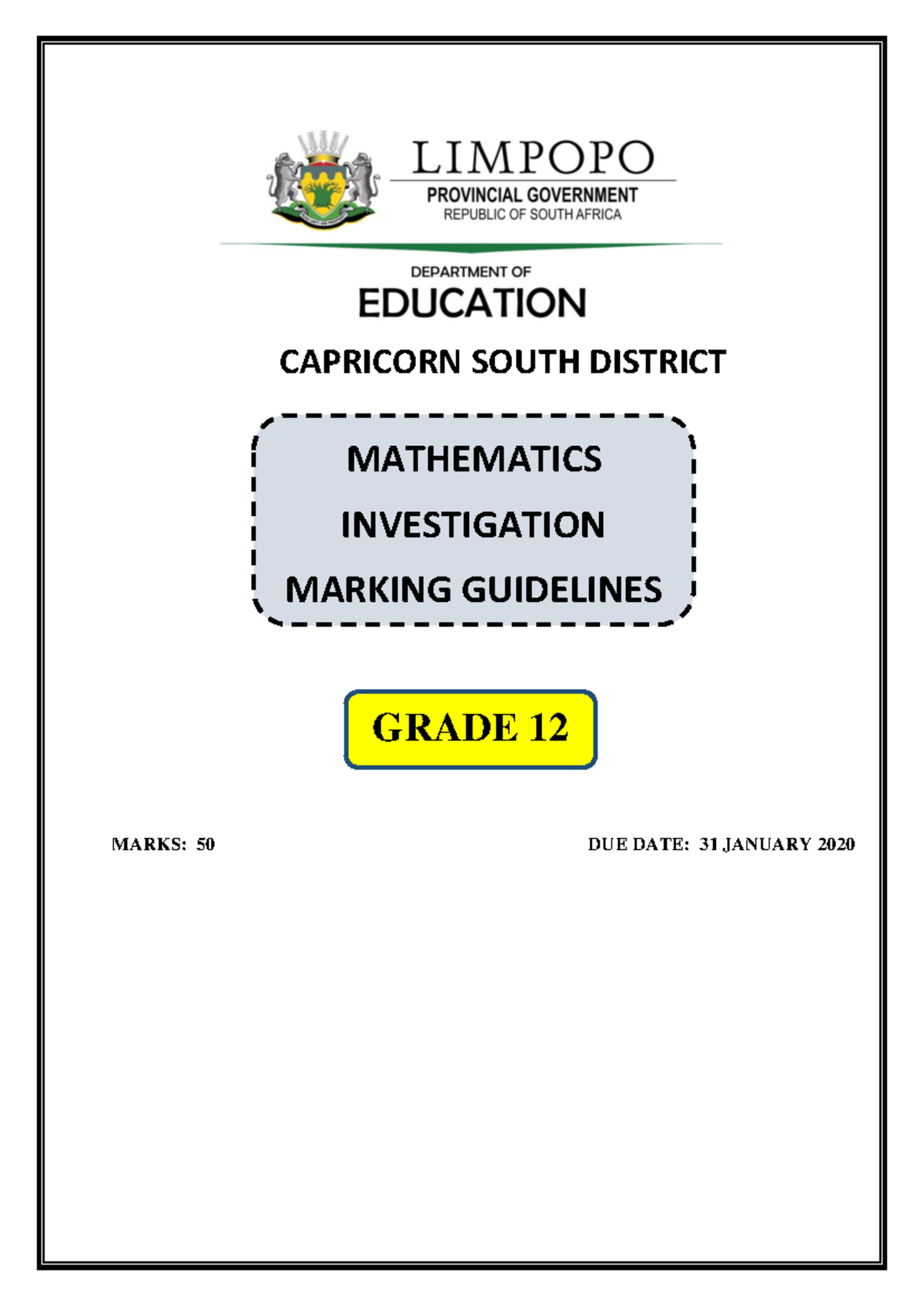 Marking Guidelines Grade 12 Maths Investigation Capricorn South ...