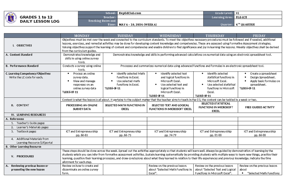 DLL TLE-ICT 6 Q4 W6 - GRADES 1 to 12 DAILY LESSON LOG School: DepEdClub ...