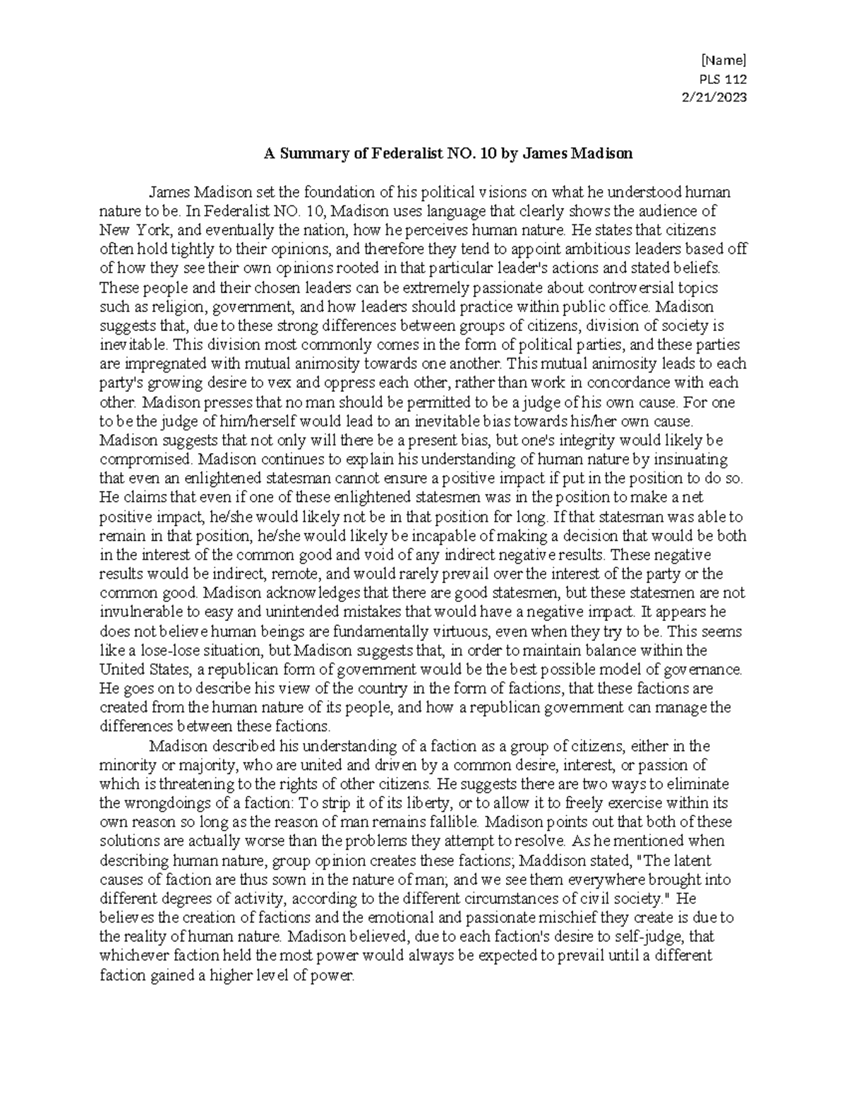 Federalist 10 Assignment - [Name] PLS 112 2/21/ A Summary of Federalist ...