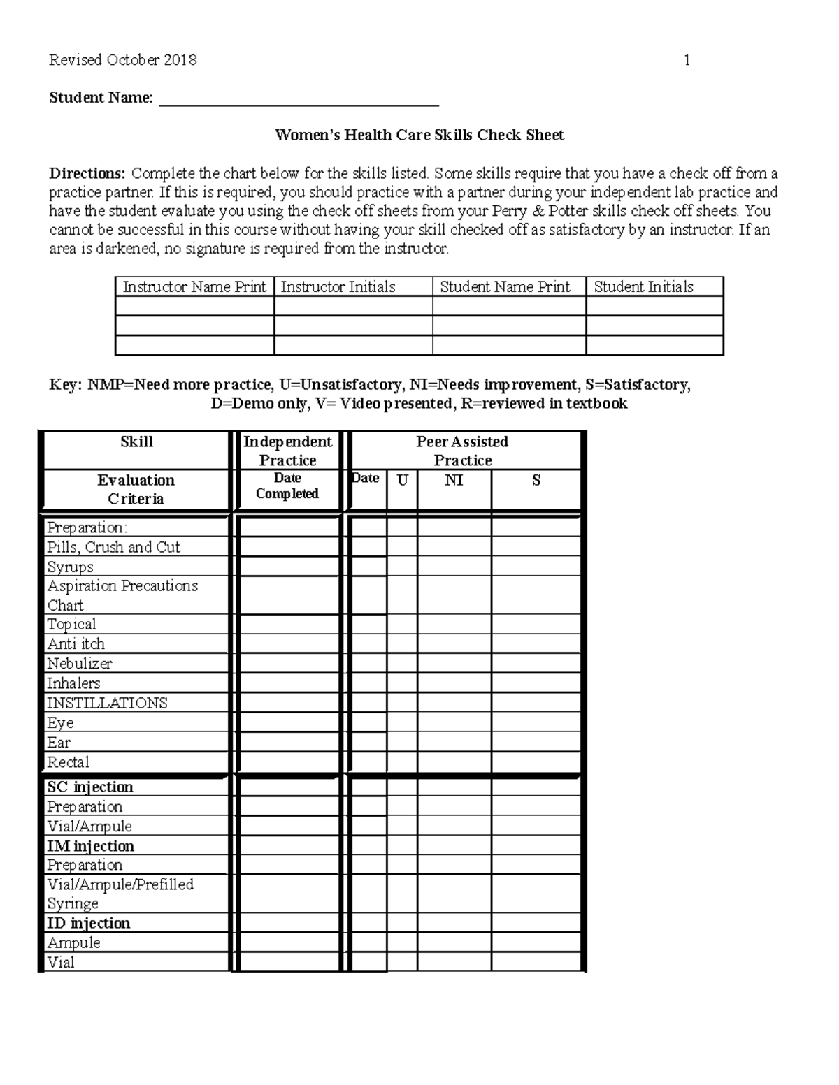 OB Skills Check Sheet revised oct 2018 - Student Name