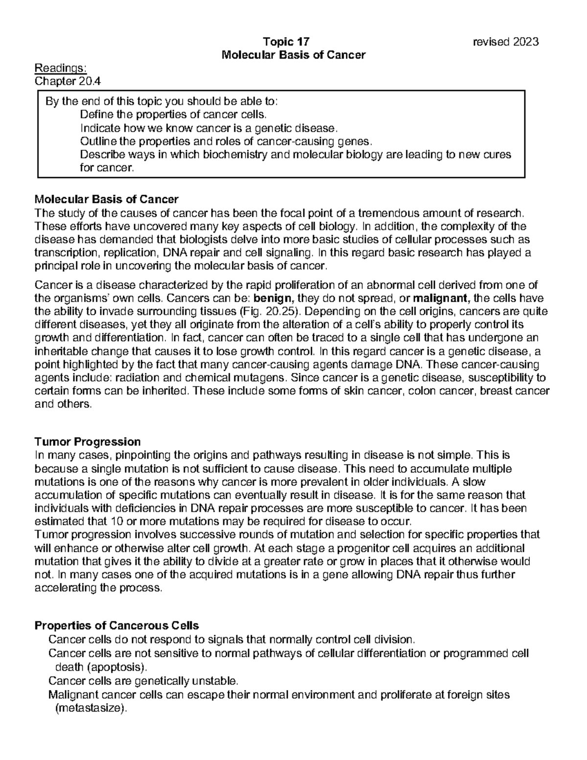 Topic 17 Lecture Notes 23 - Topic 17 revised 20 23 Molecular Basis of ...