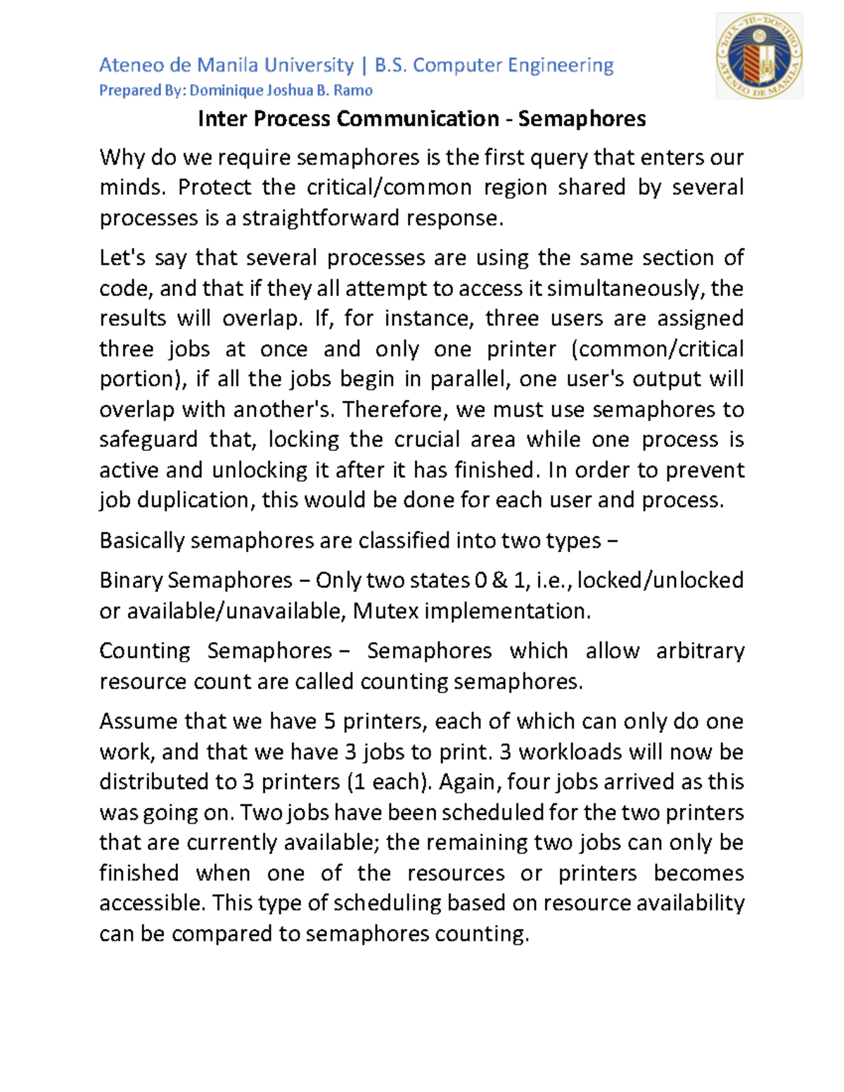 Study Guide - Inter Process Communication - Semaphores - Prepared By: Dominique Joshua B. Ramo ...
