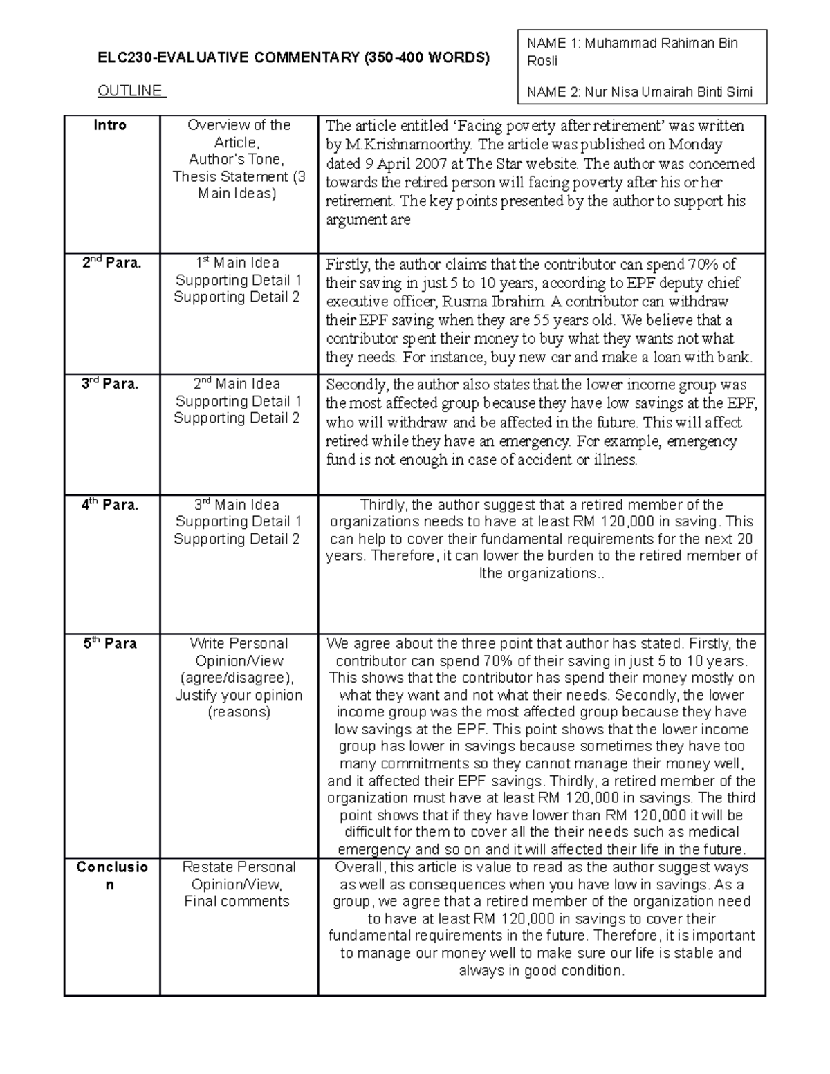 Evaluative Commentary Outline copy - ELC230-EVALUATIVE COMMENTARY (350 ...
