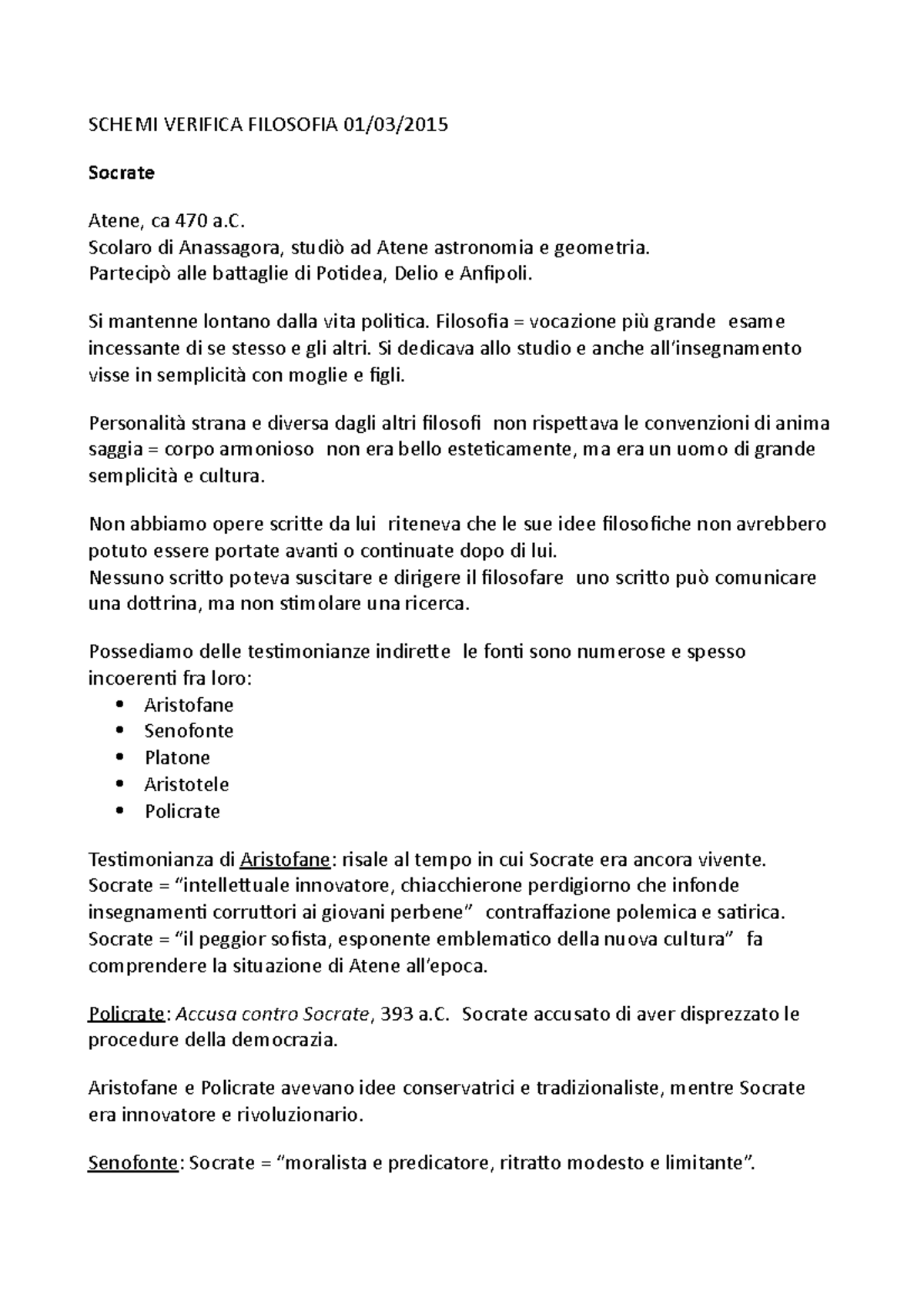 Socrate e Platone - SCHEMI VERIFICA FILOSOFIA 01/03/ Socrate Atene, ca ...