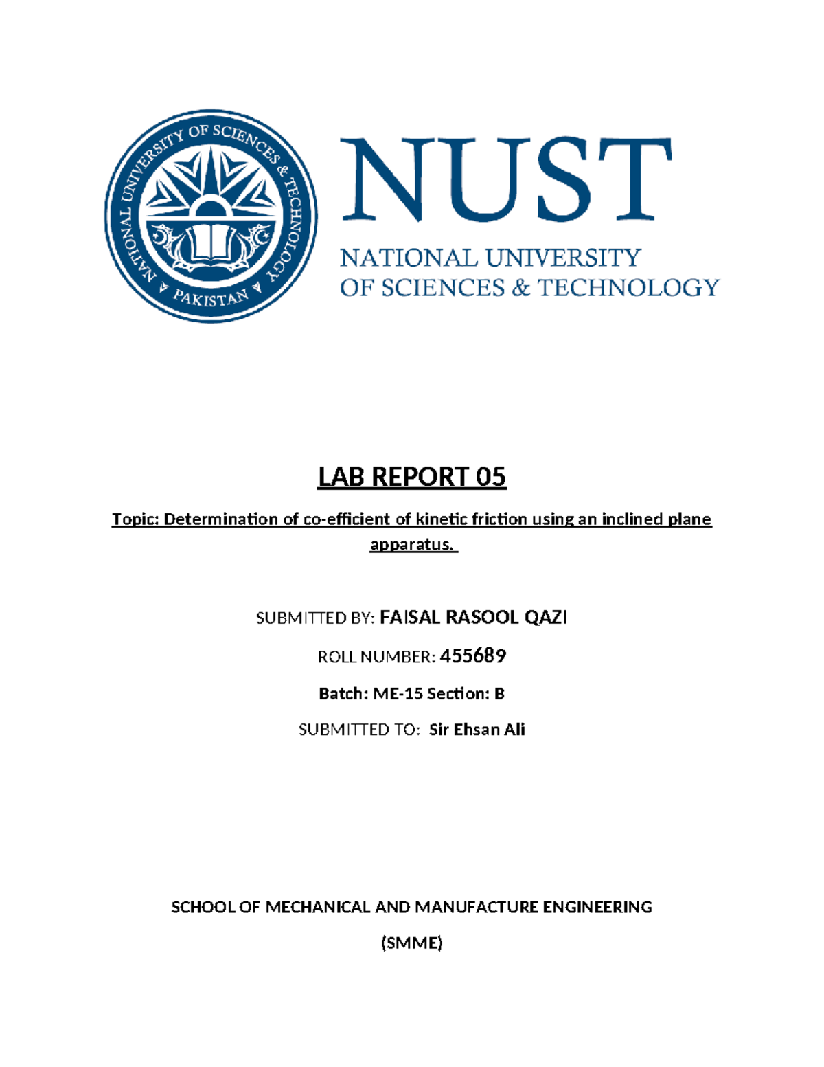 Mechanics LAB Report 05 - LAB REPORT 05 Topic: Determination of co ...