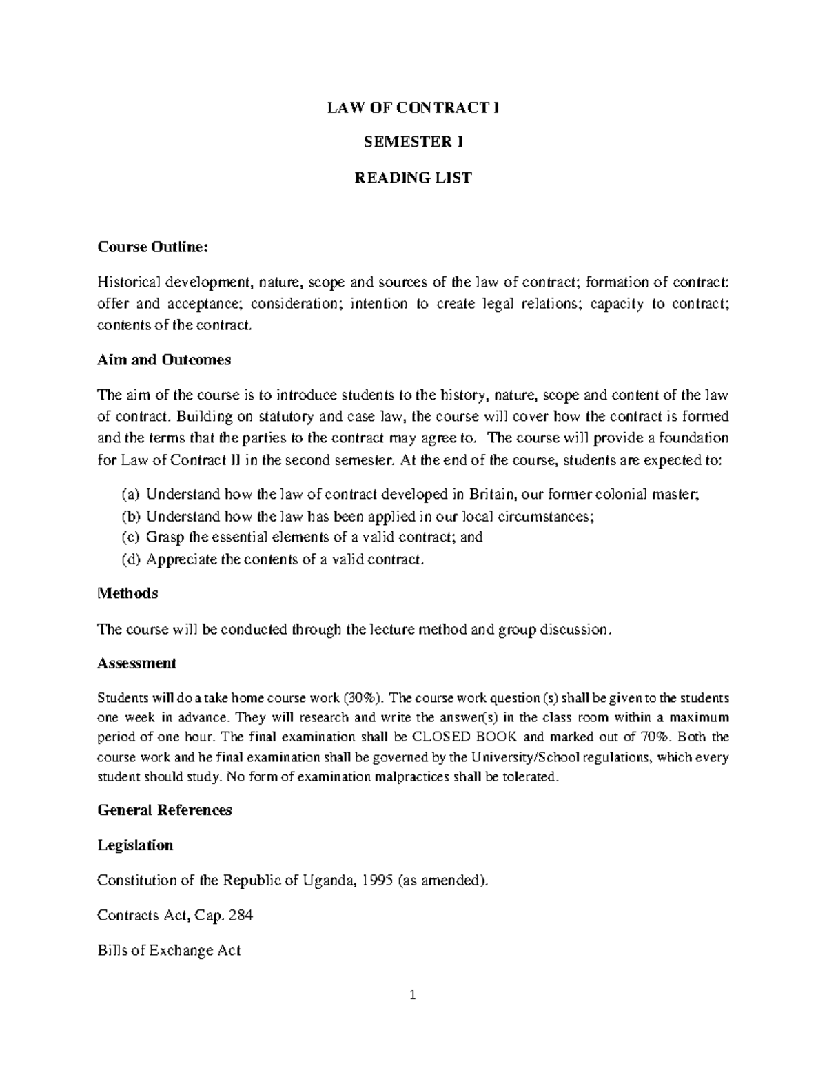 Contract I Reading List (MAK) - LAW OF CONTRACT I SEMESTER I READING ...