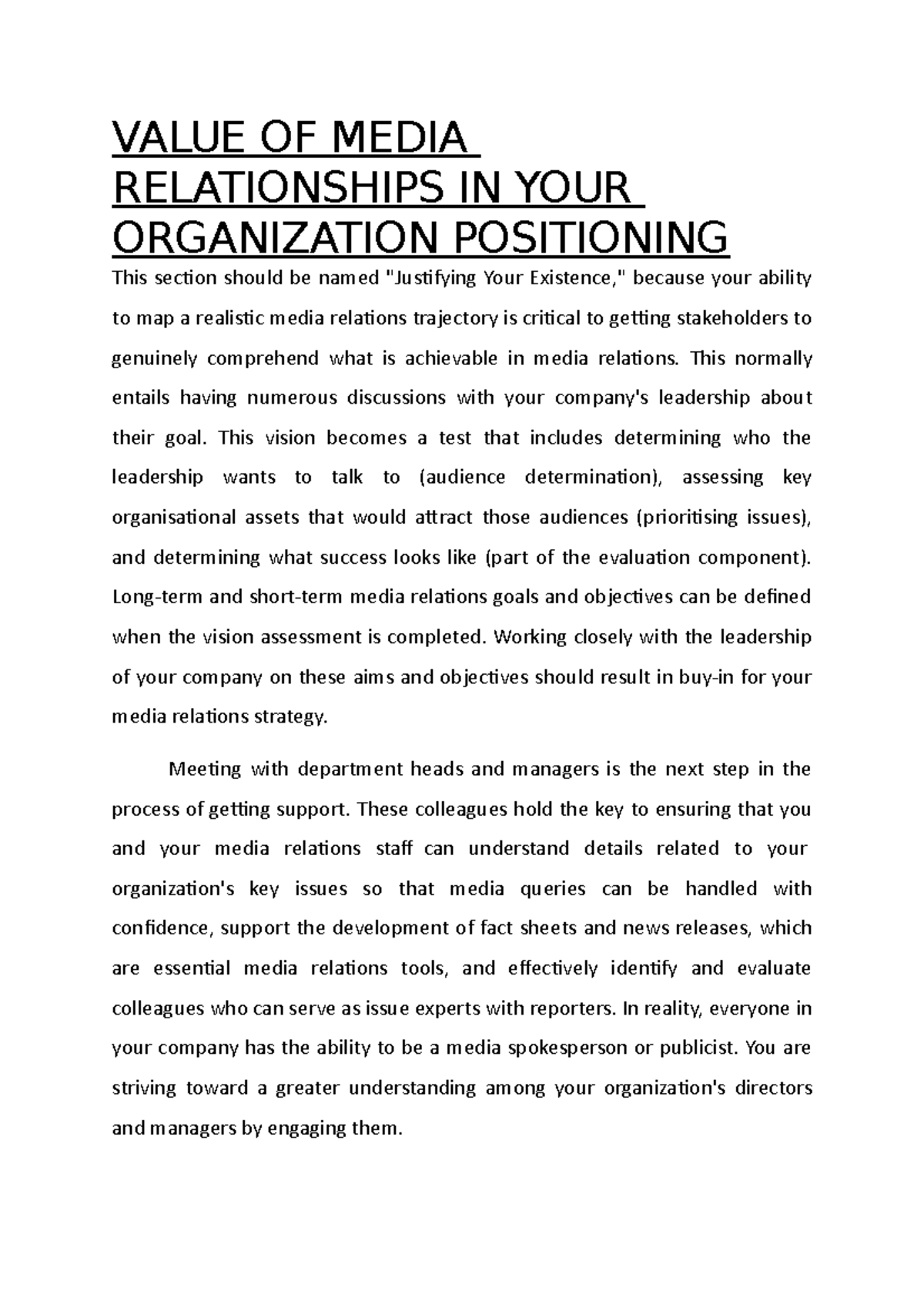 Value OF Media Relationships IN YOUR Organization Positioning - VALUE ...