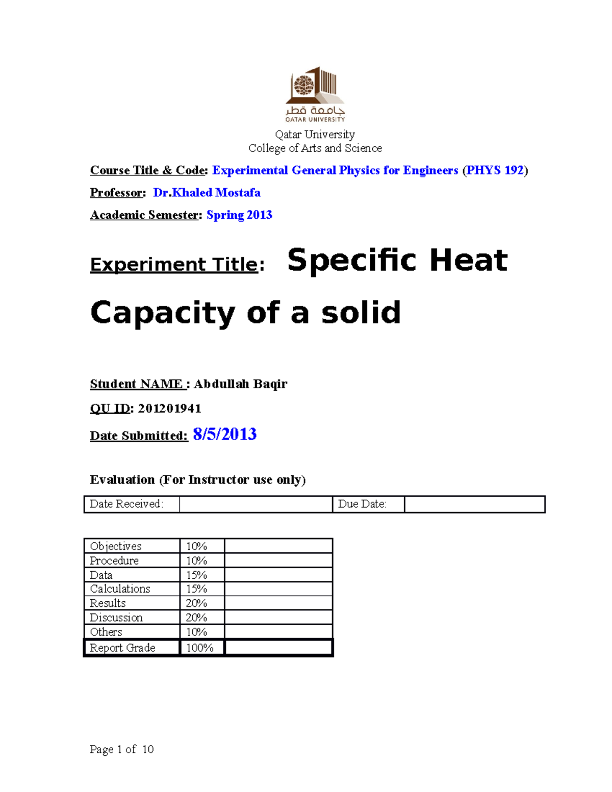 Specific heat capacity of solid - Qatar University College of Arts and ...