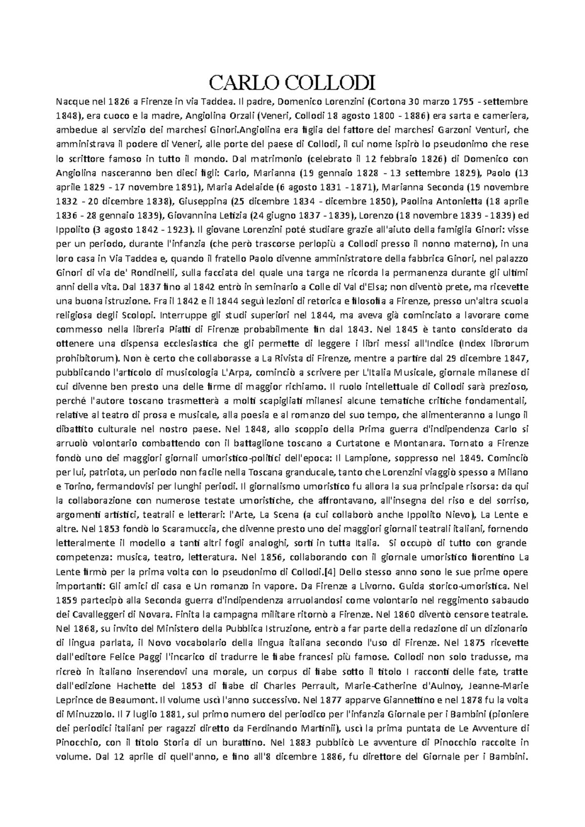 Carlo Collodi - Biografia - CARLO COLLODI Nacque nel 1826 a Firenze in ...