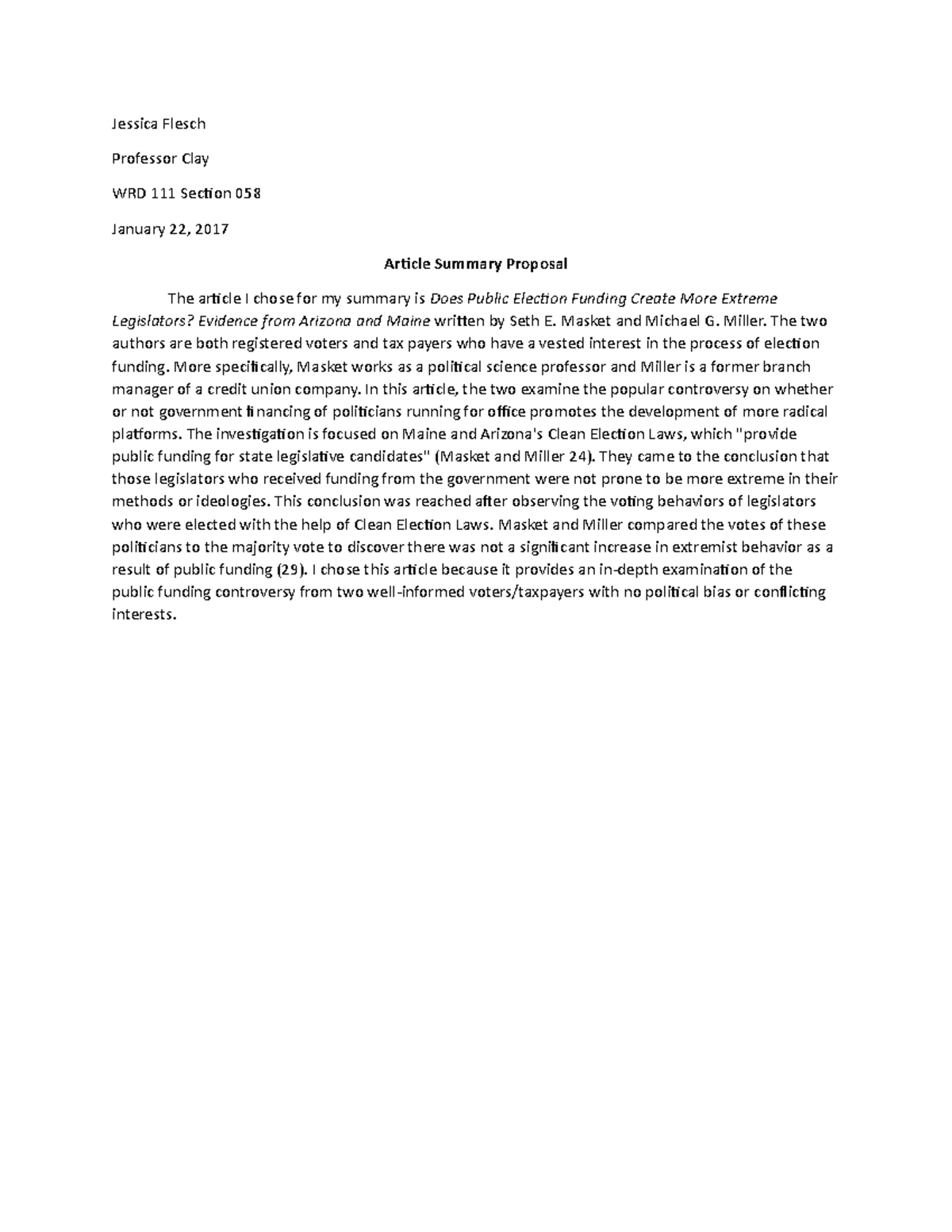 Article Summary Proposal - Jessica Flesch Professor Clay WRD 111 ...
