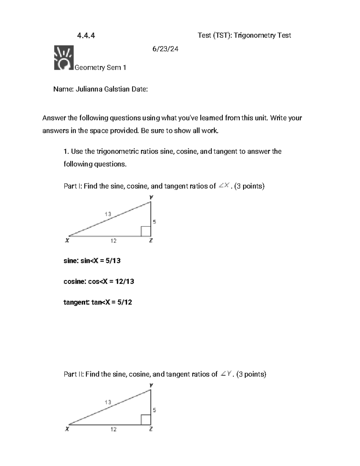 4.4.4 Test (TST) - Trigonometry (Test) - 4.4 Test (TST): Trigonometry ...