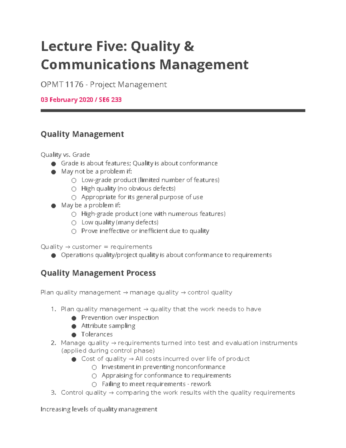 Lecture 5: Quality Communications Management - Lecture Five: Quality ...