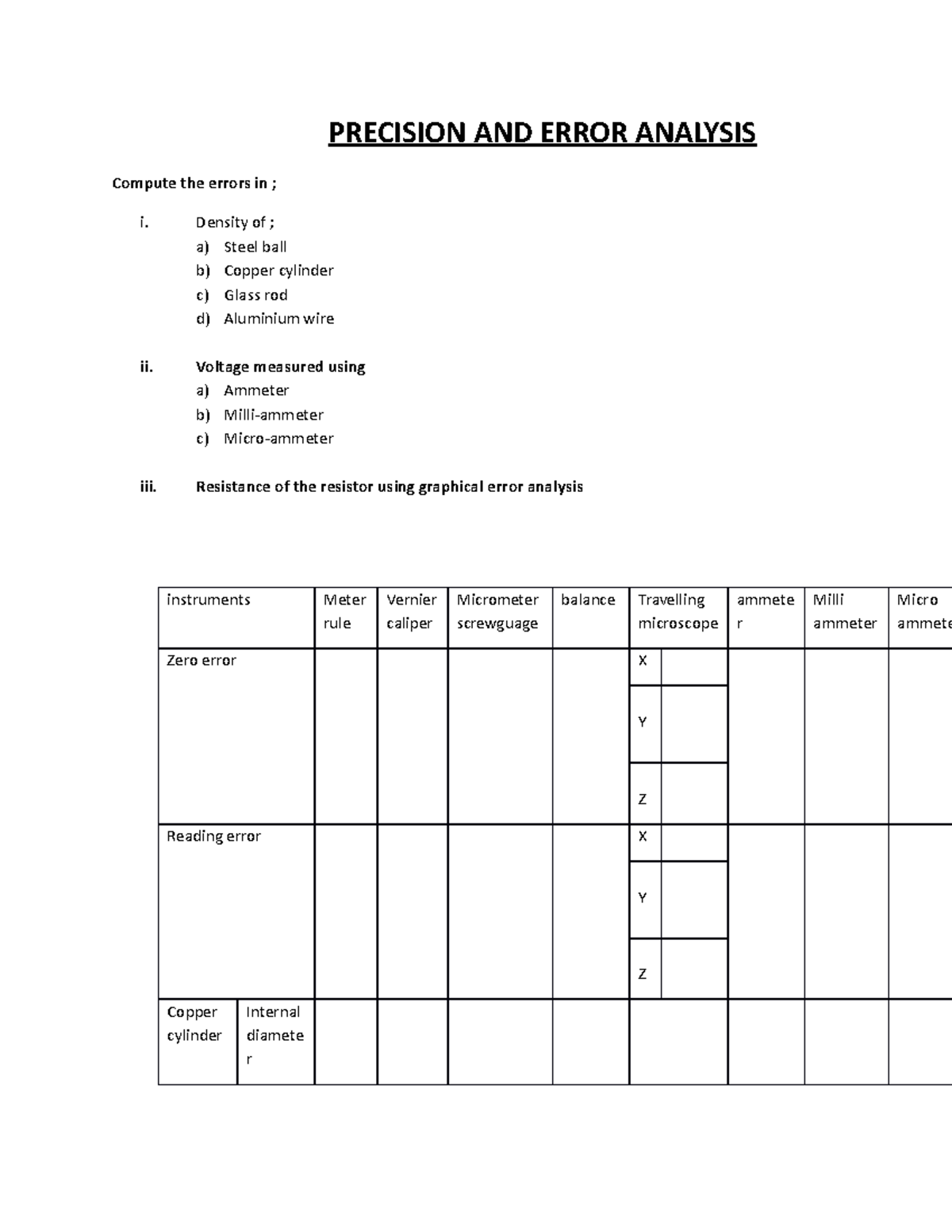 Precision AND Error Analysis - PRECISION AND ERROR ANALYSIS Compute the errors in ; i. Density ...