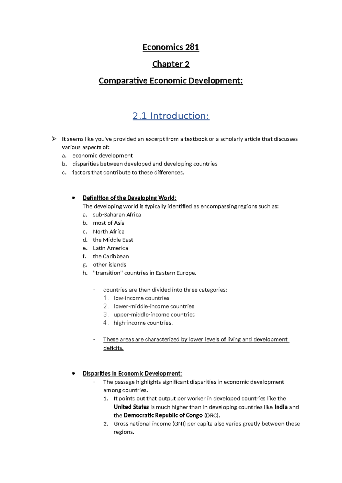 Economics 281 ch2 - economcs 281 - Dvelopment econmics notes ...