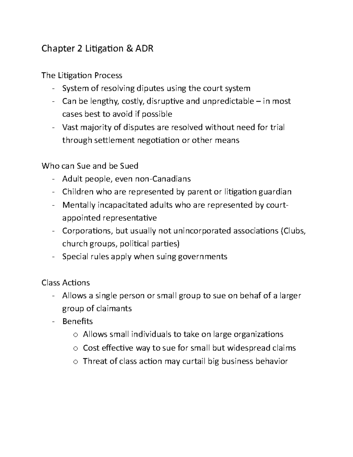 Chapter 2 Litigation - law notes - Chapter 2 Litigation & ADR The ...