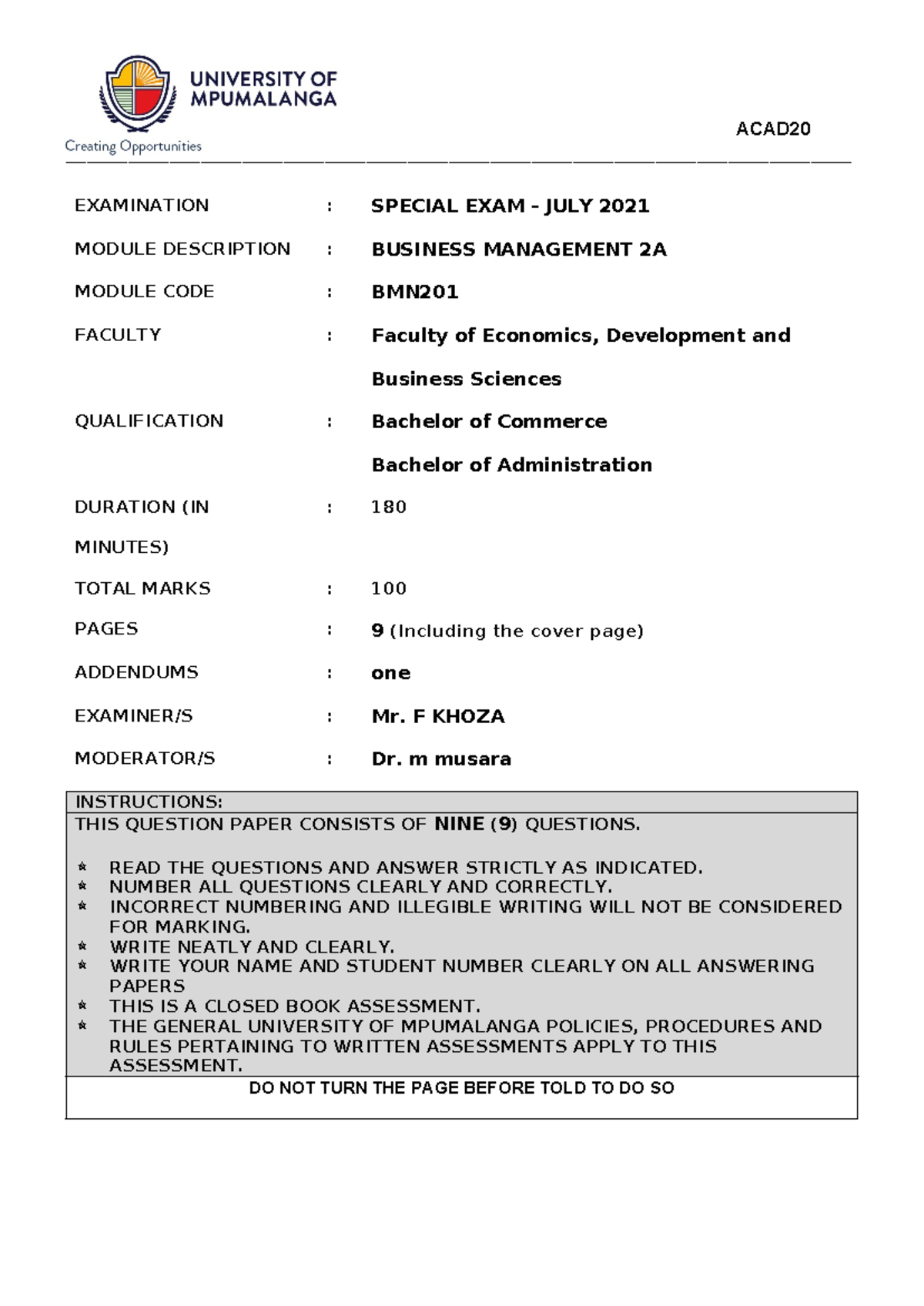 ACAD20 - Exam Question Paper Cover (with Multiple qualifications ...