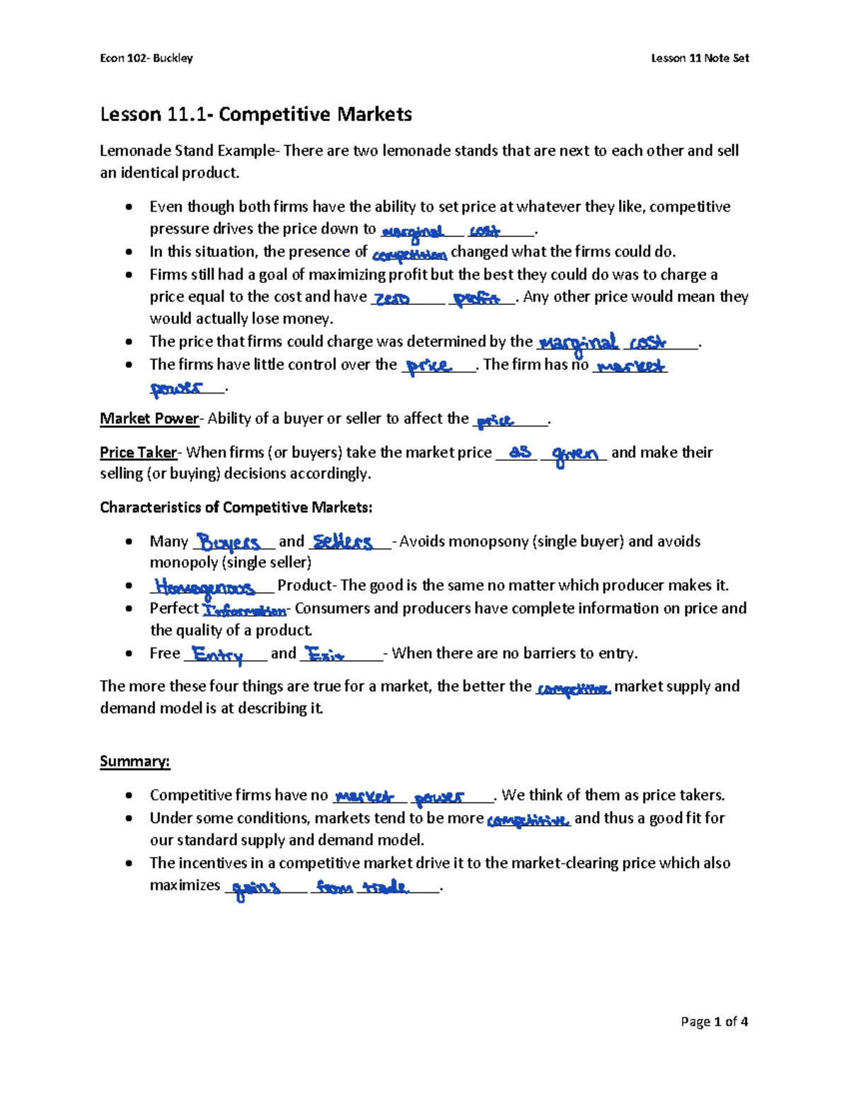 Lesson 11 Notes - Lesson 11- Competitive Markets Lemonade Stand Example ...