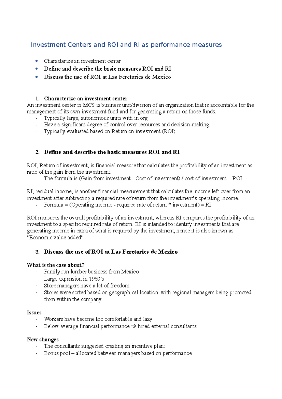 Investment Centers and ROI and RI as performance measures - Typically ...