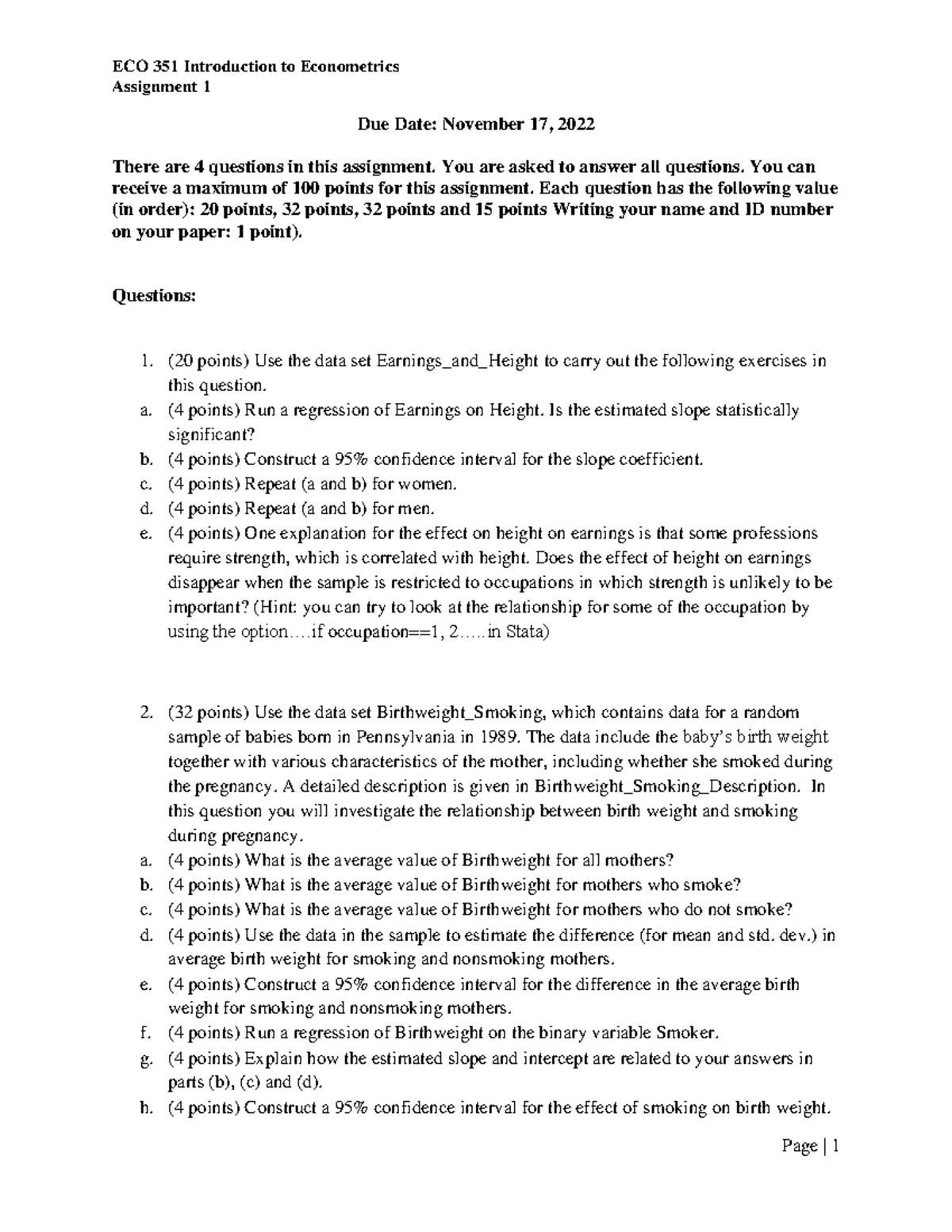 ECO 351 HW1 Fall 22 - assignments on stata - ECO 351 Introduction to Econometrics Assignment 1 ...