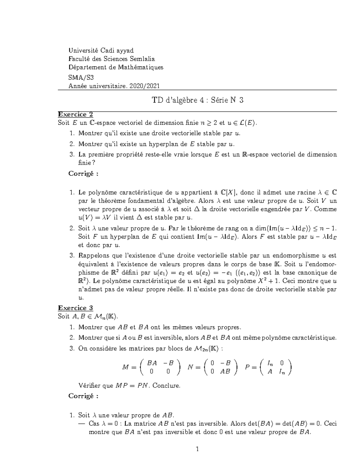 Corrige exercices 2 3 4 serie 3 - Université Cadi ayyad Faculté des Sciences Semlalia ...