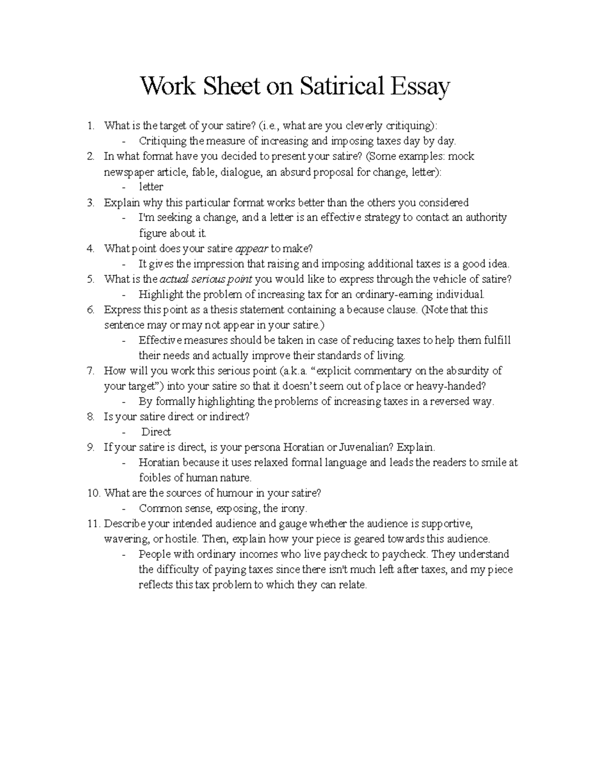 Work Sheet on Satirical Essay - What is the target of your satire? (i ...