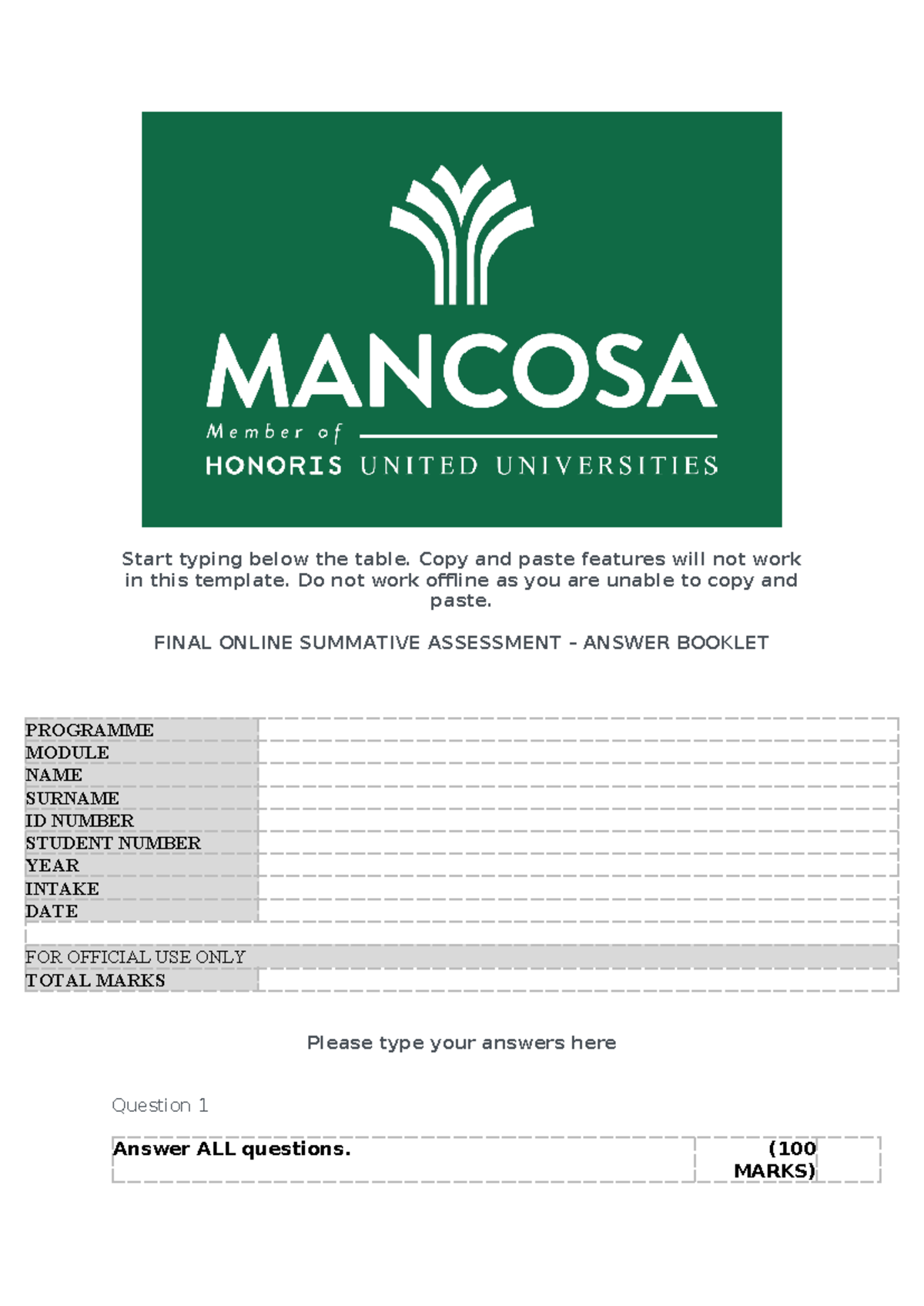 FRA Answer Sheet - Help with information - Start typing below the table ...