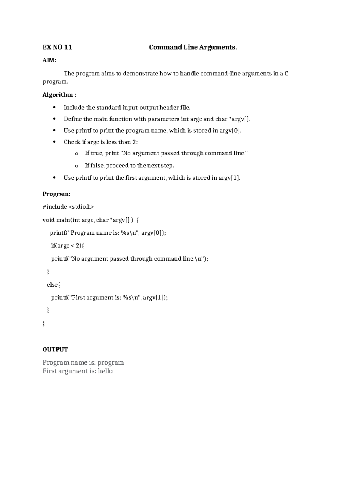 EX NO 11Command Line Arguments - AIM: The program aims to demonstrate how to handle command-line ...