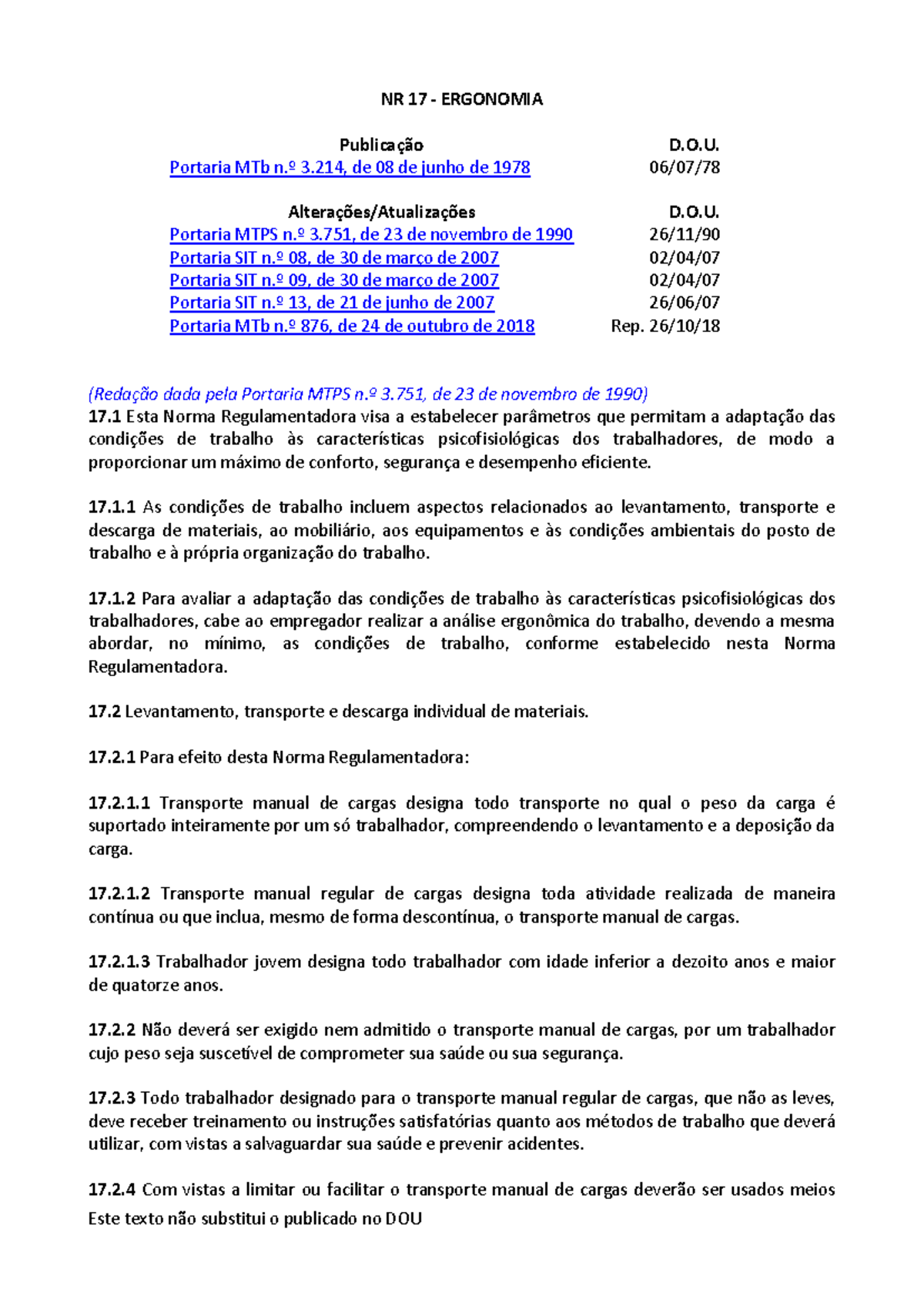NR-17 - fgfgdf - NR 17 - ERGONOMIA Publicação D.O. Portaria MTb n.º 3 ...