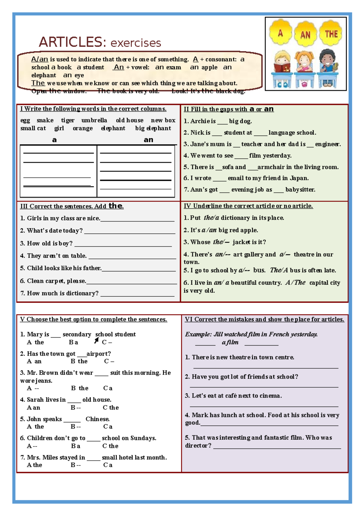 Articlesexercises-grammar-drills 78693 - ARTICLES: exercises I Write ...