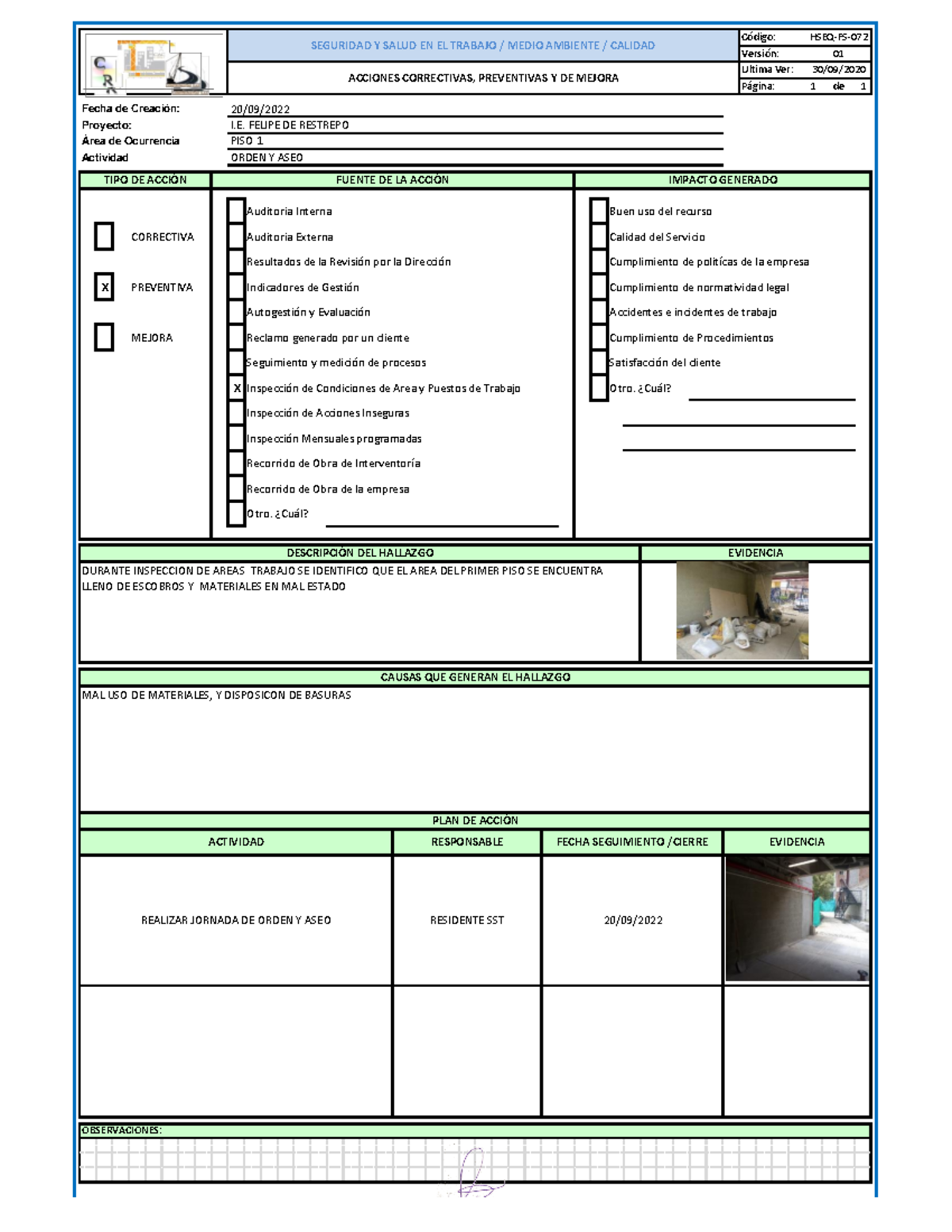 Formatos De Seguridad Y Salud En El Trabajo Ac 06092022 Cie VersiÛn